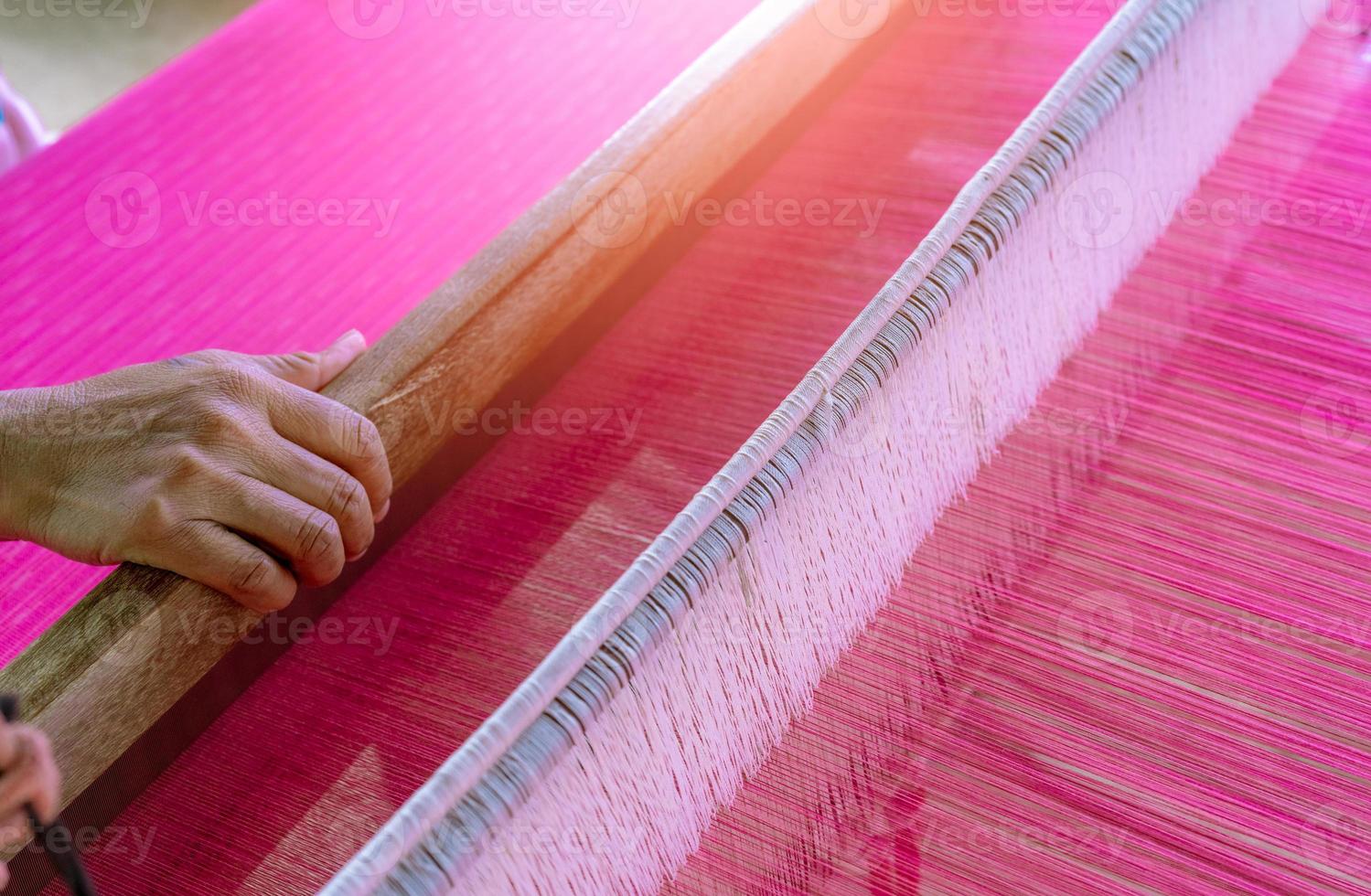 Woman Working On Weaving Machine For Weave Handmade Fabric Textile Weaving Weaving Using