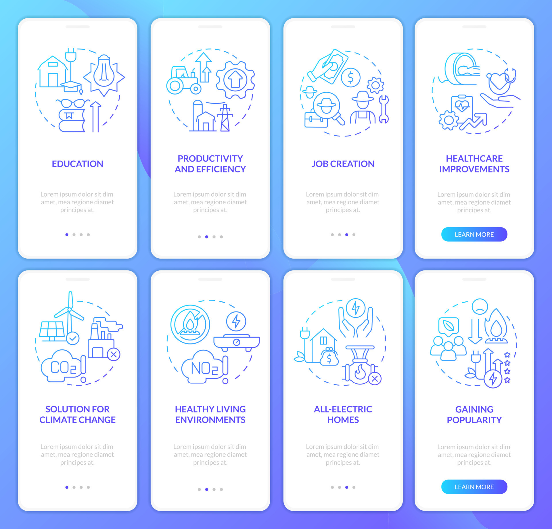 Rural Electrification Blue Gradient Onboarding Mobile App Screen Set Walkthrough 4 Steps