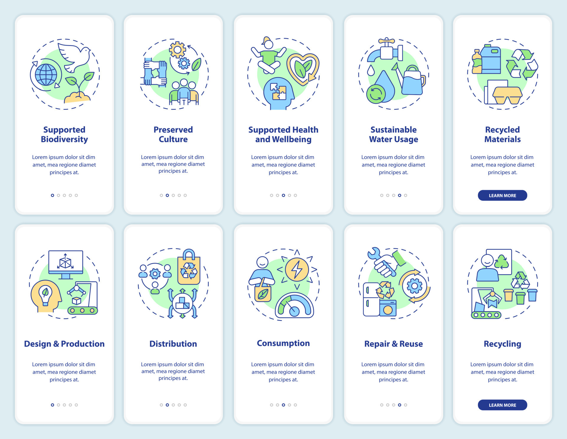 Circular Economy Strategies Onboarding Mobile App Screen Set Recycling Walkthrough 5 Steps
