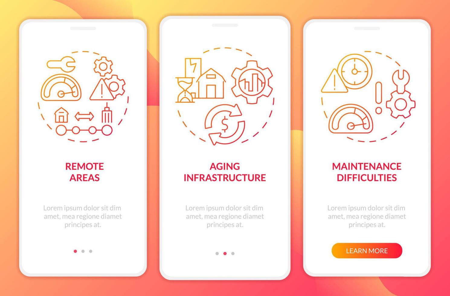 Rural Electrification Obstacle Red Gradient Onboarding Mobile App Screen Walkthrough 3 Steps