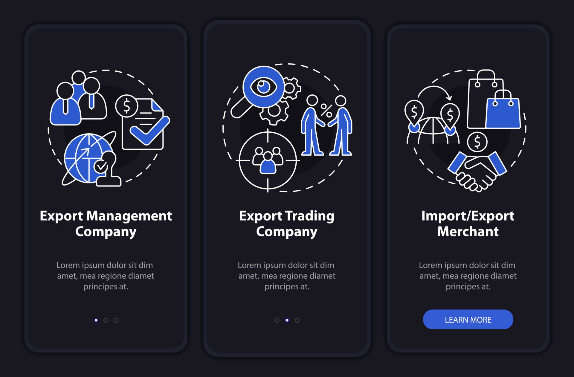 Types Of Export Business Night Mode Onboarding Mobile App Screen Walkthrough 3 Steps Graphic