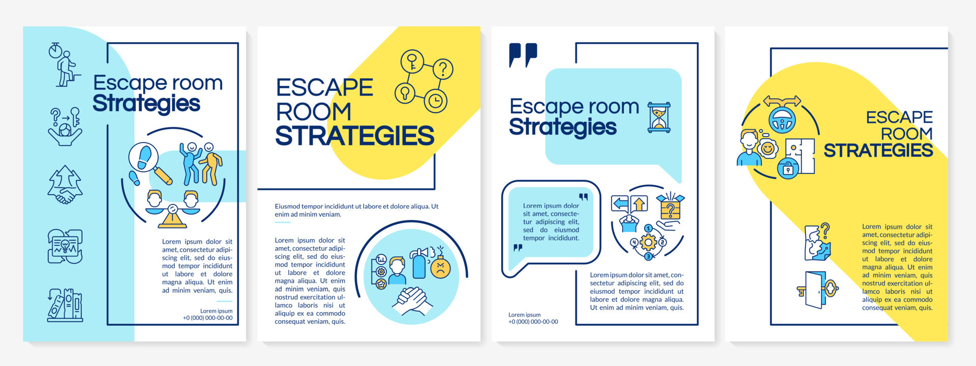 Escape room winning strategies blue and yellow brochure template. Solve ...