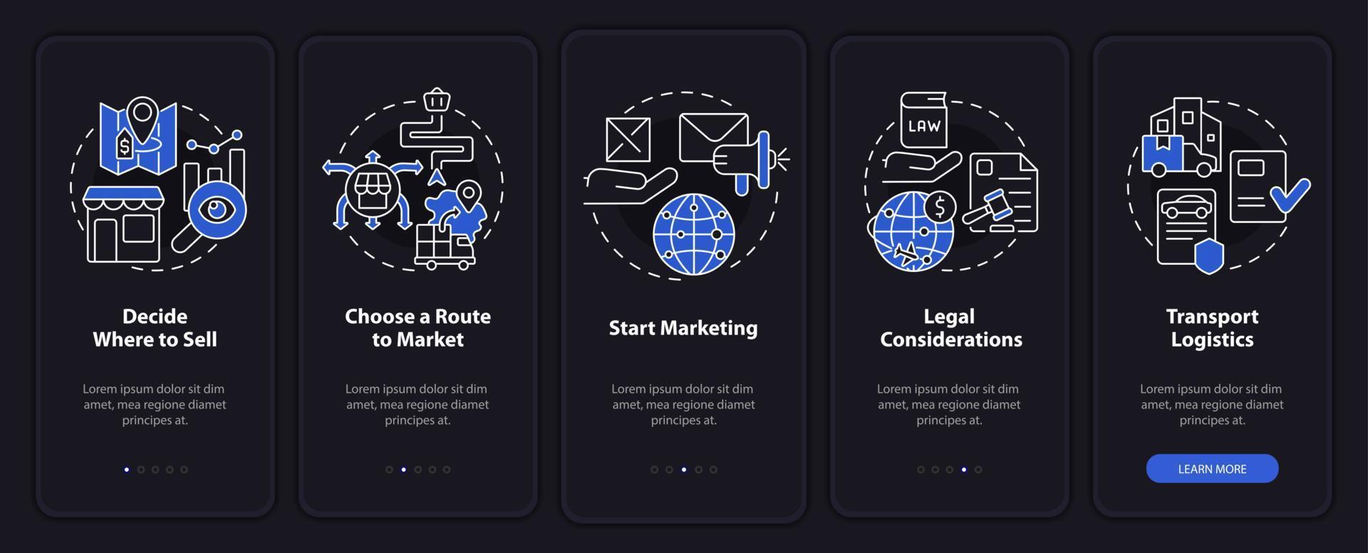 Export Business Tips Night Mode Onboarding Mobile App Screen Walkthrough 5 Steps Graphic