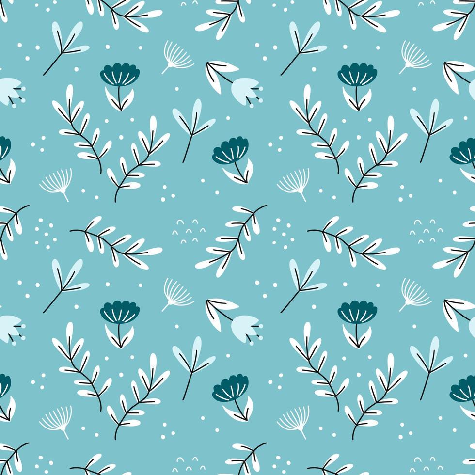 Seamless blue pattern with cute flowers and flowers. Vector doodle ...
