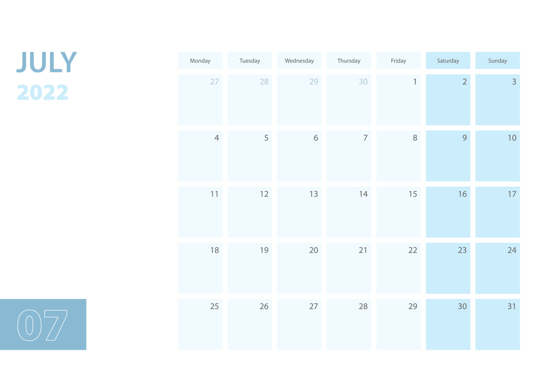 July 2022 Weekly Calendar Printable