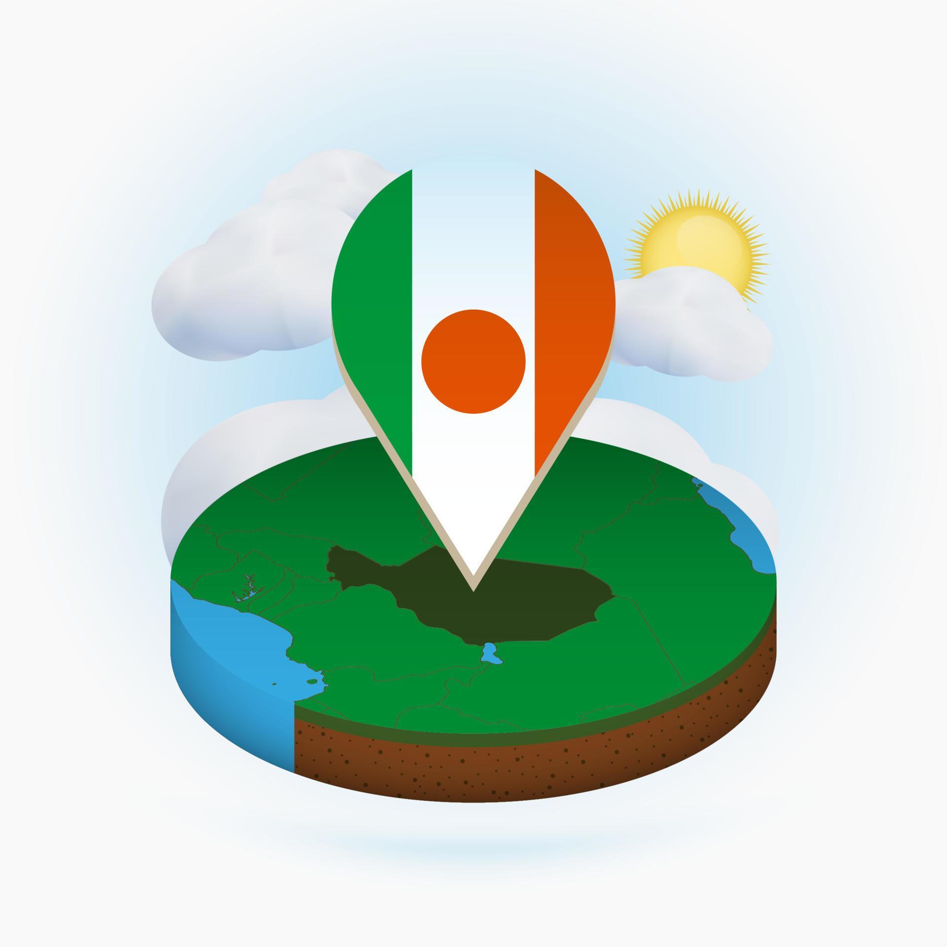 Isometric round map of Niger and point marker with flag of Niger. Cloud ...