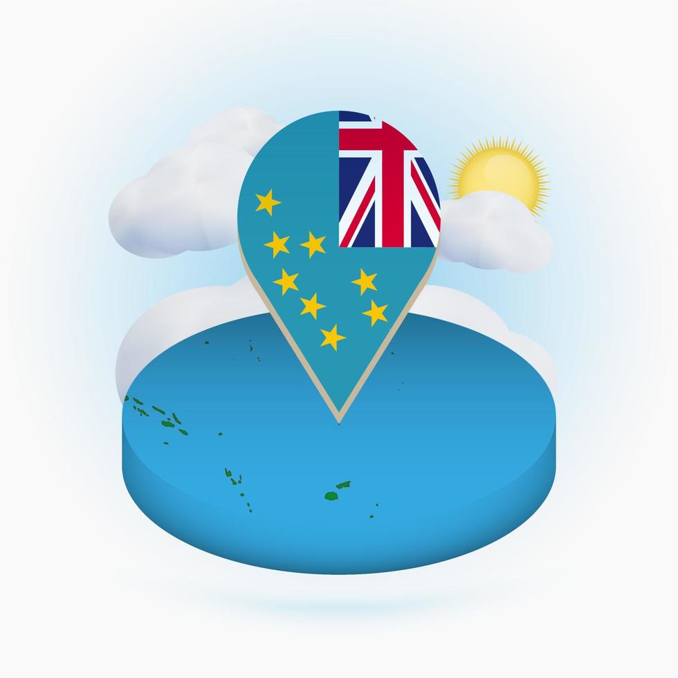 Isometric round map of Tuvalu and point marker with flag of Tuvalu. Cloud and sun on background ...