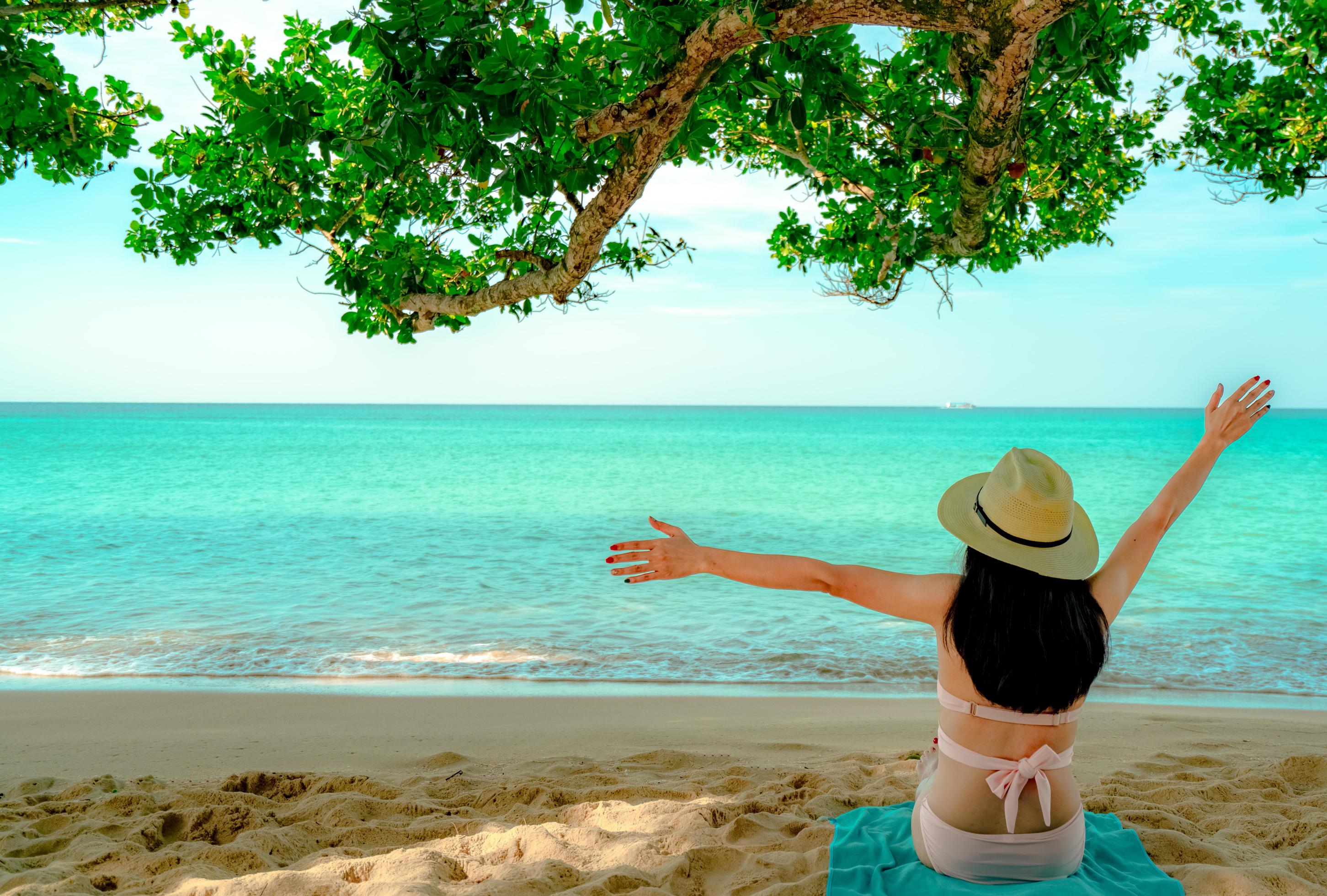 Back view of happy young Asian woman in pink swimsuit and straw hat ...