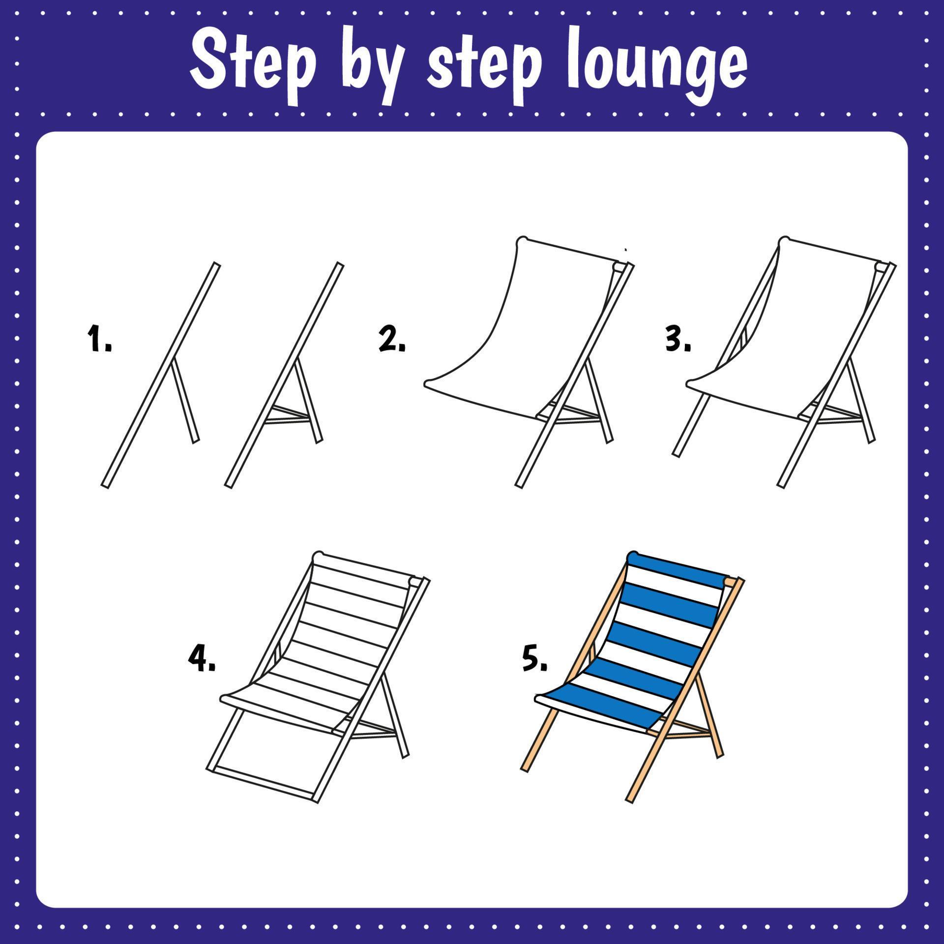 Step by step drawing illustration. Deck chair. Lounge. Activity page ...