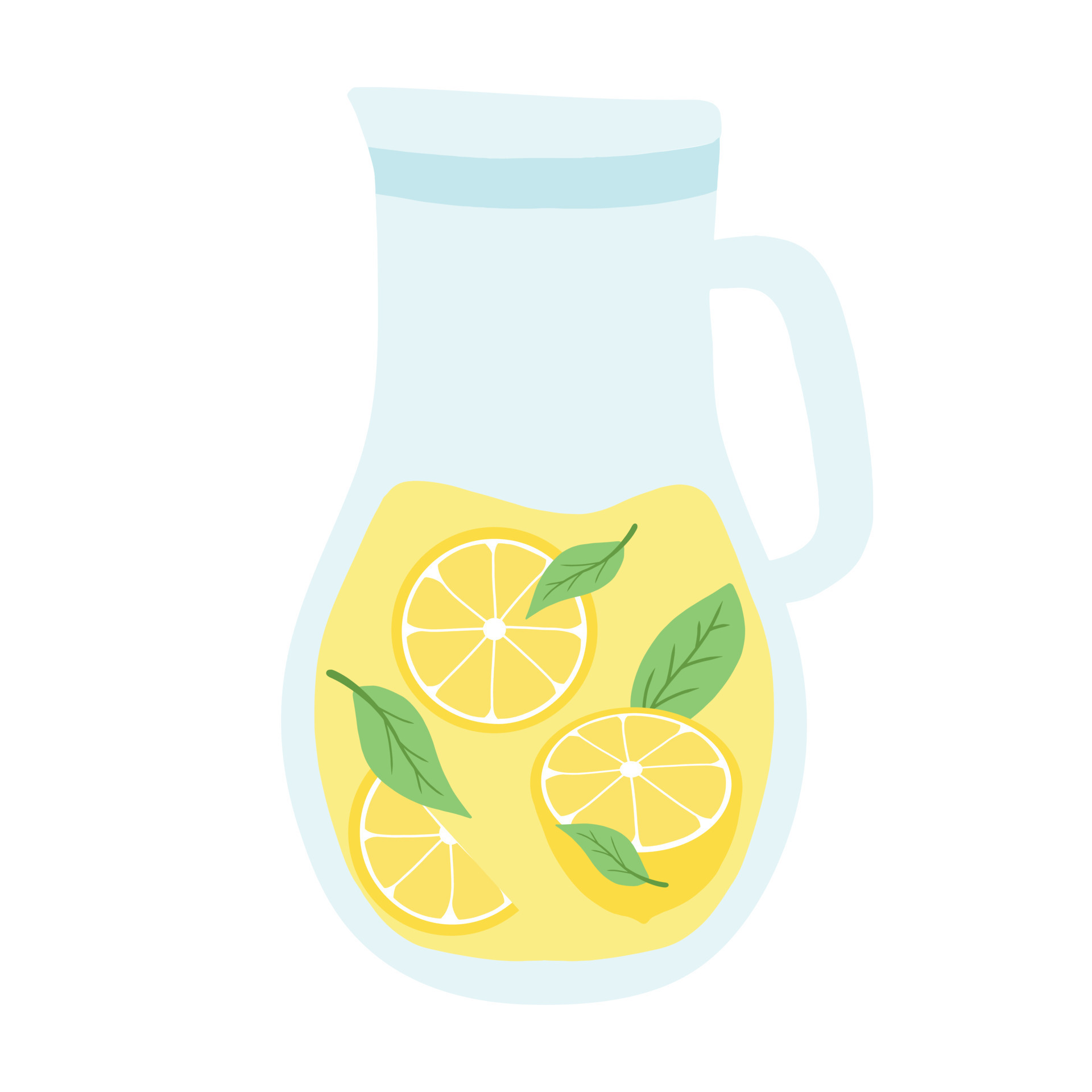 Jug with lemonade. Lemonade with lemon slices and mint. Homemade drink. Vector illustration in ...