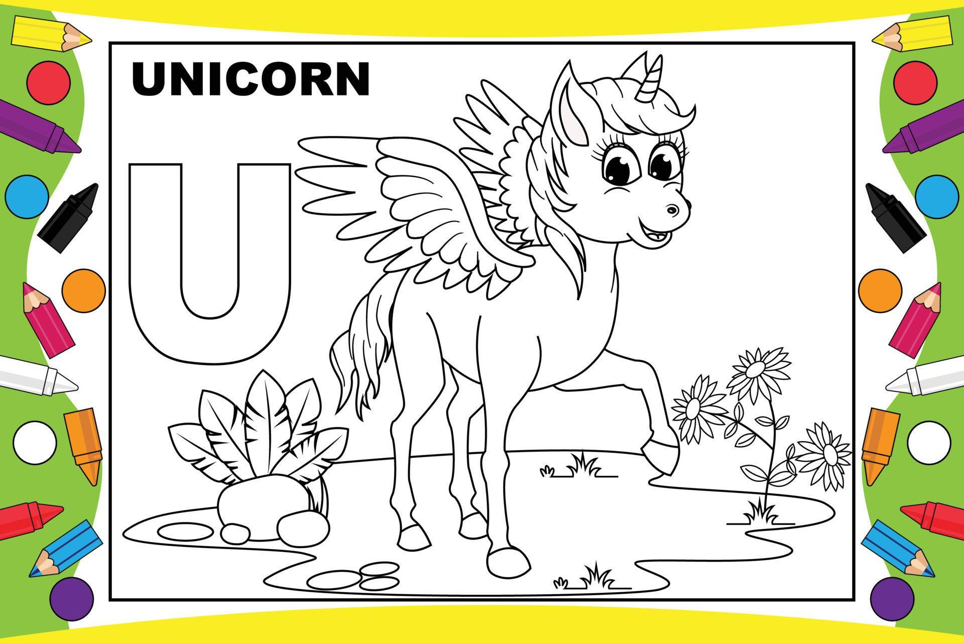 coloring unicorn cartoon with alphabet for kids 7802264 Vector Art at ...