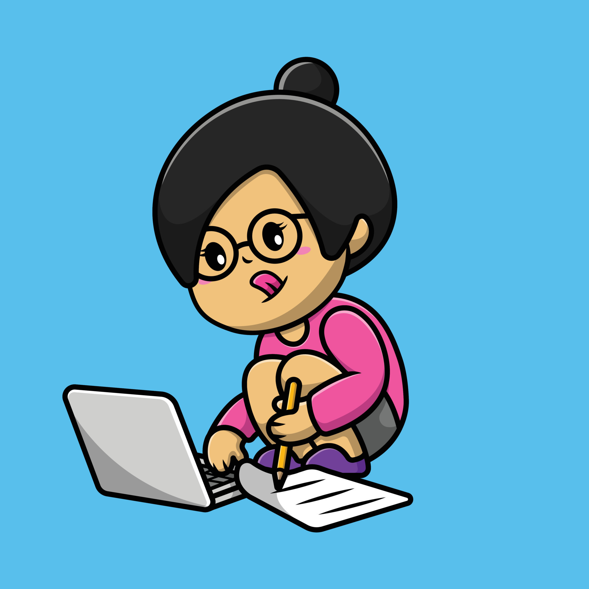 Cute Girl Working On Laptop Cartoon Vector Icon Illustration People