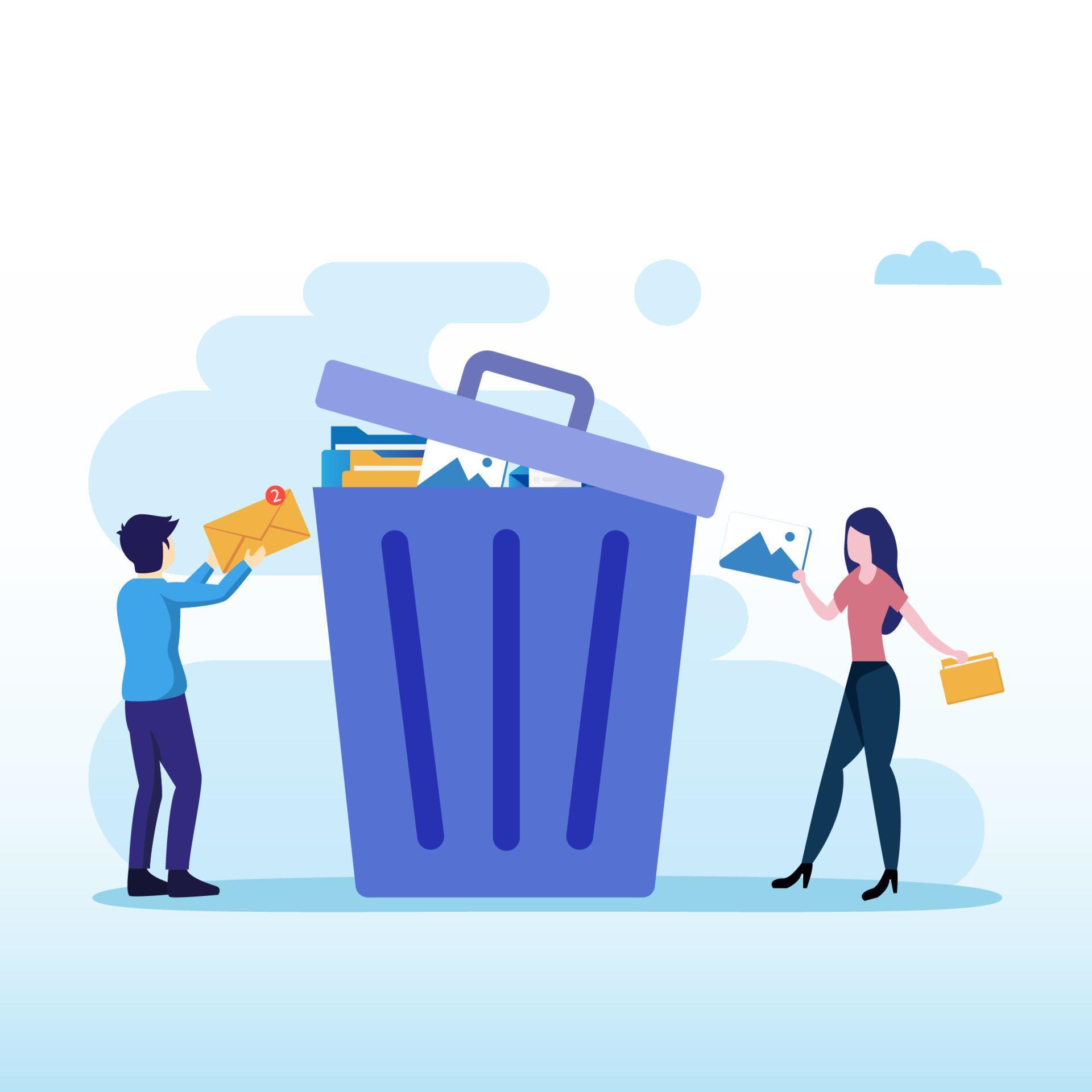 Delete concept. Cleaning digital memory. People character deleting data and move unnecessary ...