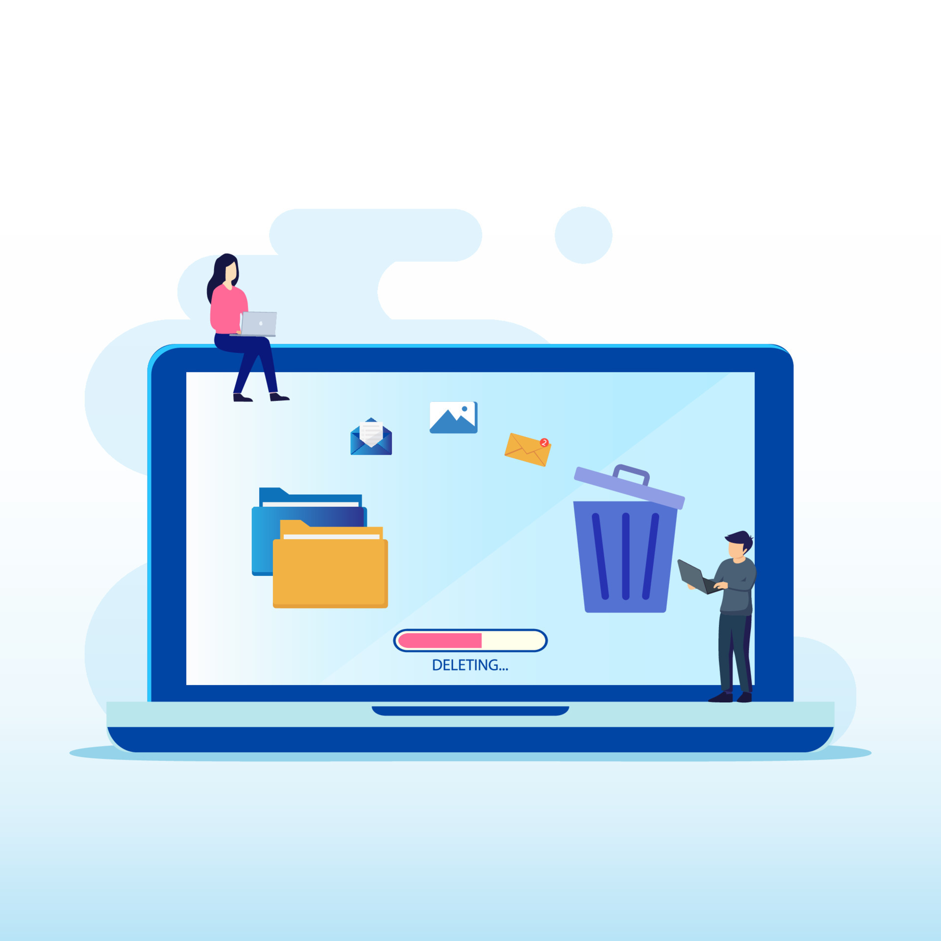 Delete concept. Cleaning digital memory. People character deleting data ... Delete concept. Cleaning digital memory. People character deleting data ...