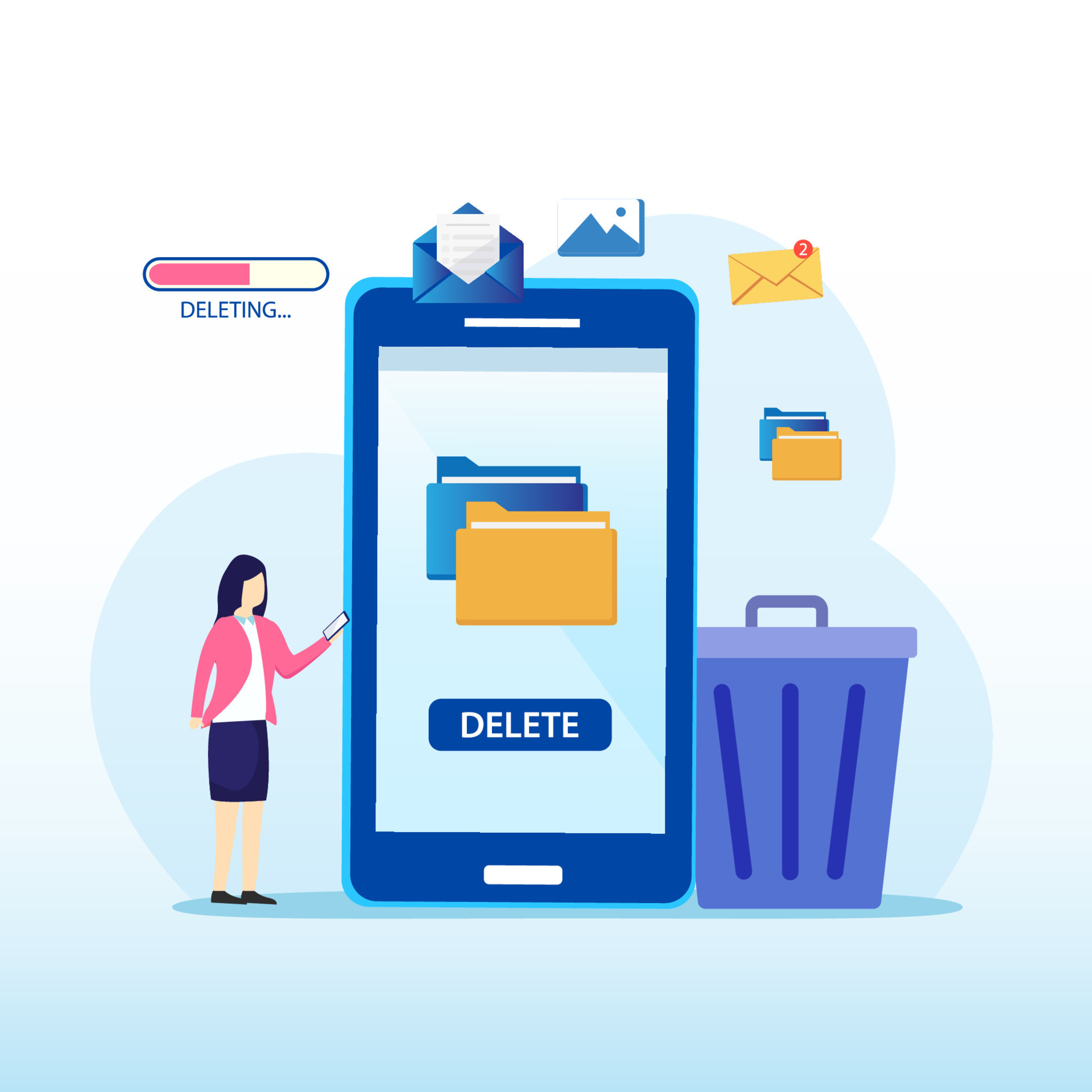 Delete concept. Cleaning digital memory. People character deleting data ... Delete concept. Cleaning digital memory. People character deleting data ...