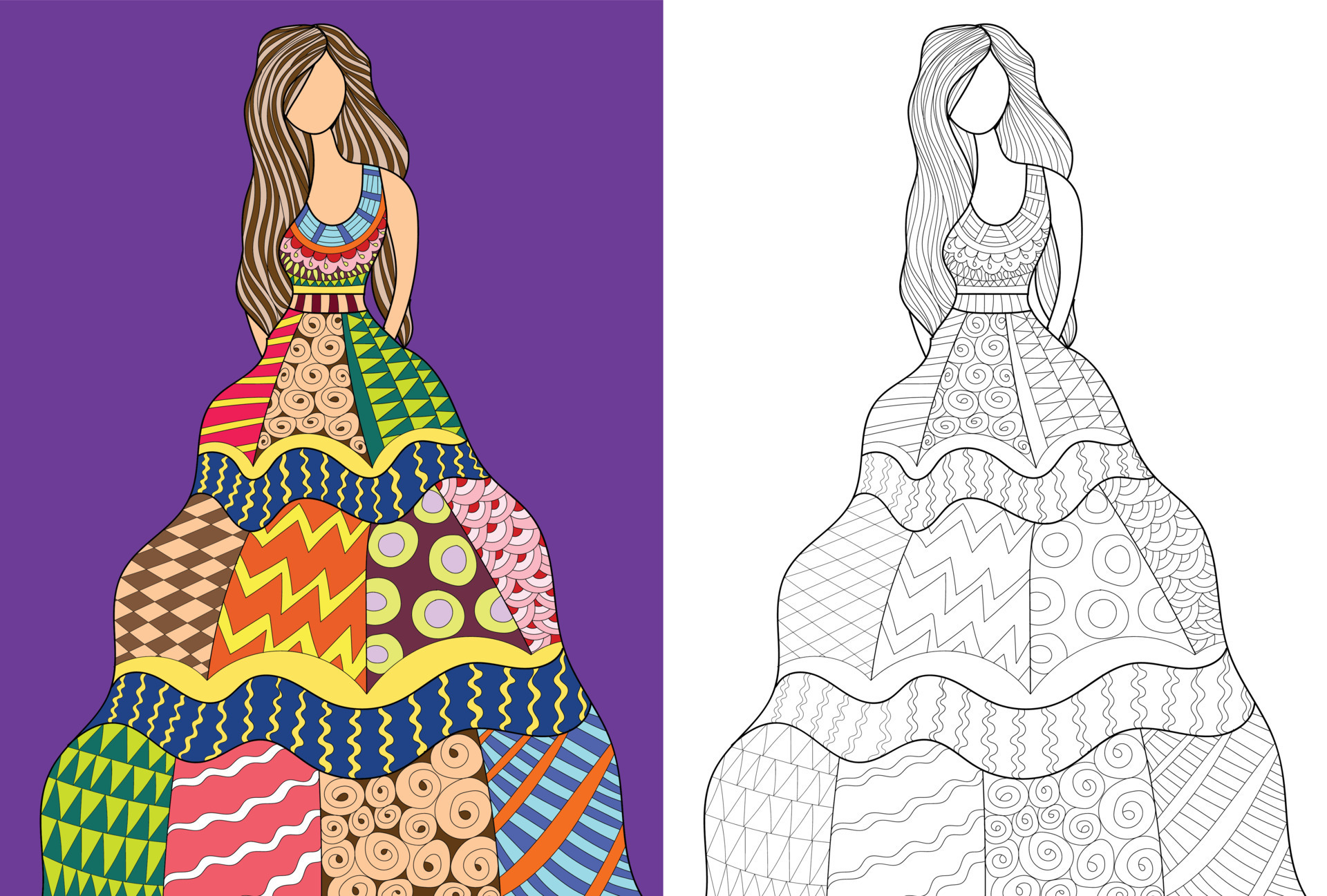 Woman In A Pretty Dress Coloring Book Page Illustration 7814678 Vector