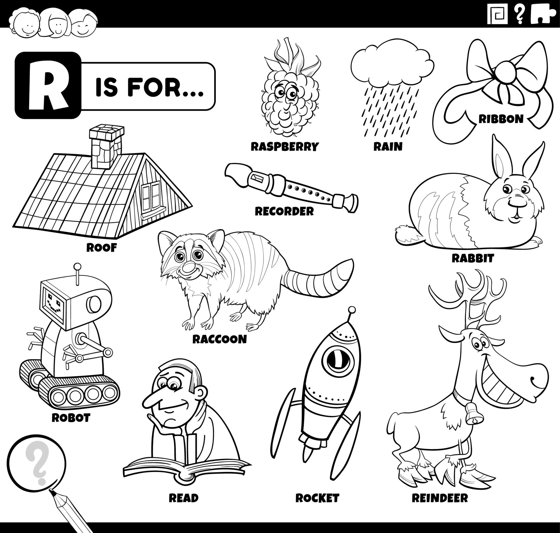 letter r words educational set coloring book page 7817535 Vector Art at ...