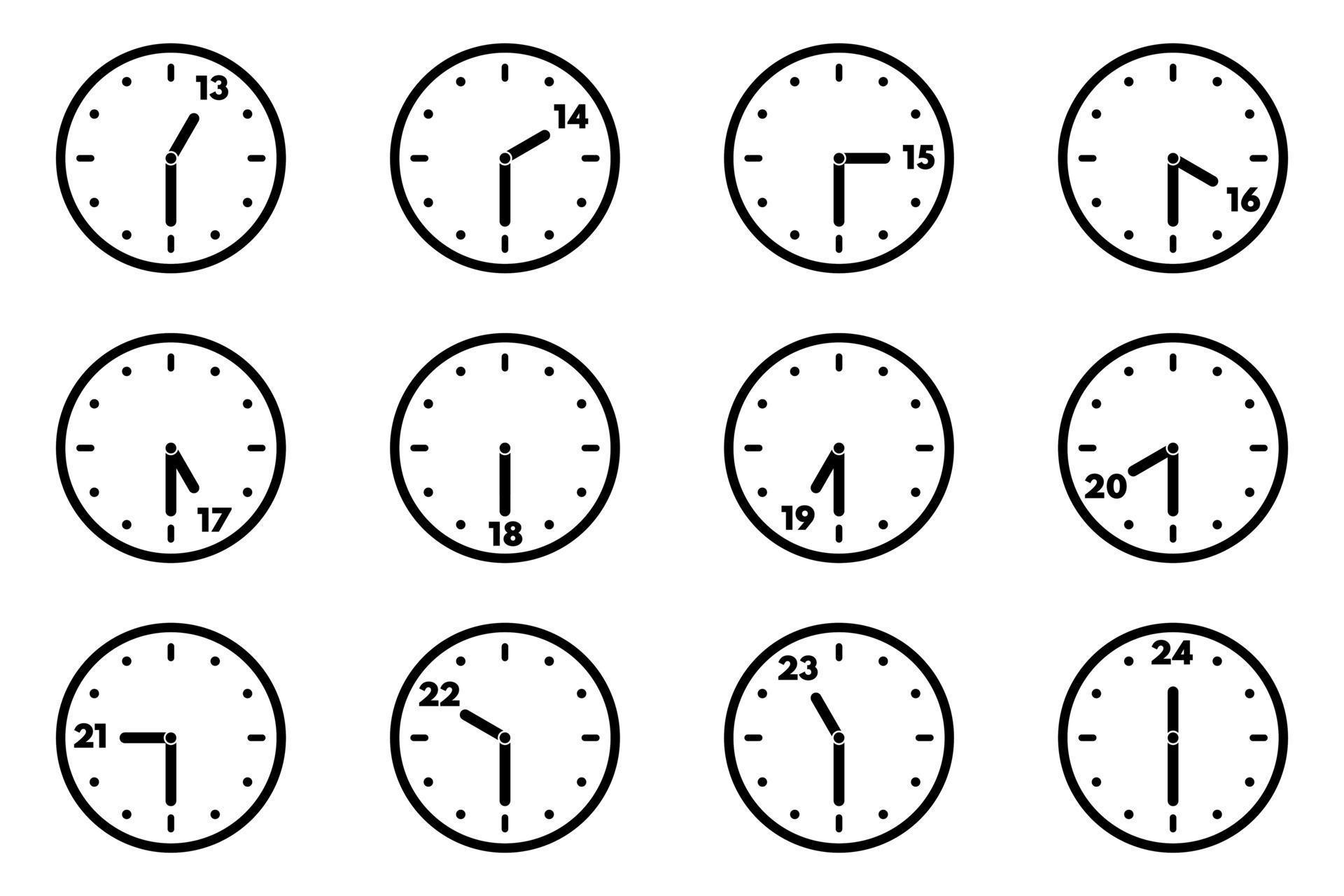 Set of analog clock icon for every hour and half. 24 hour clock. Half ...