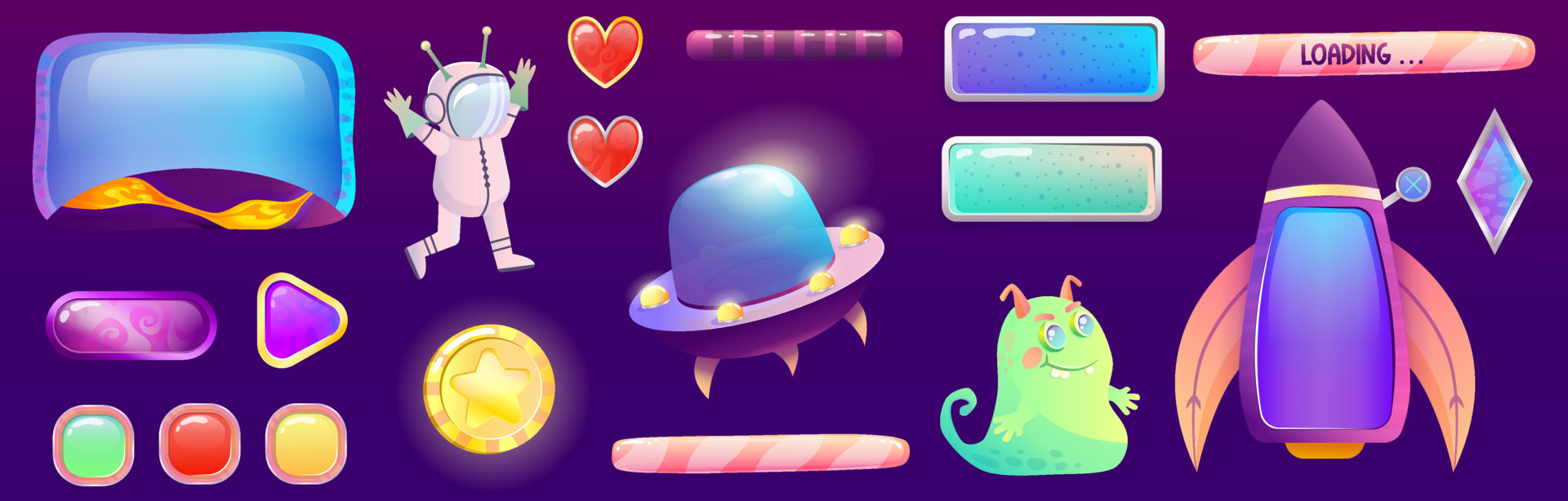 Space Assets For Ui Game Interface With Alien Spaceship And Flying