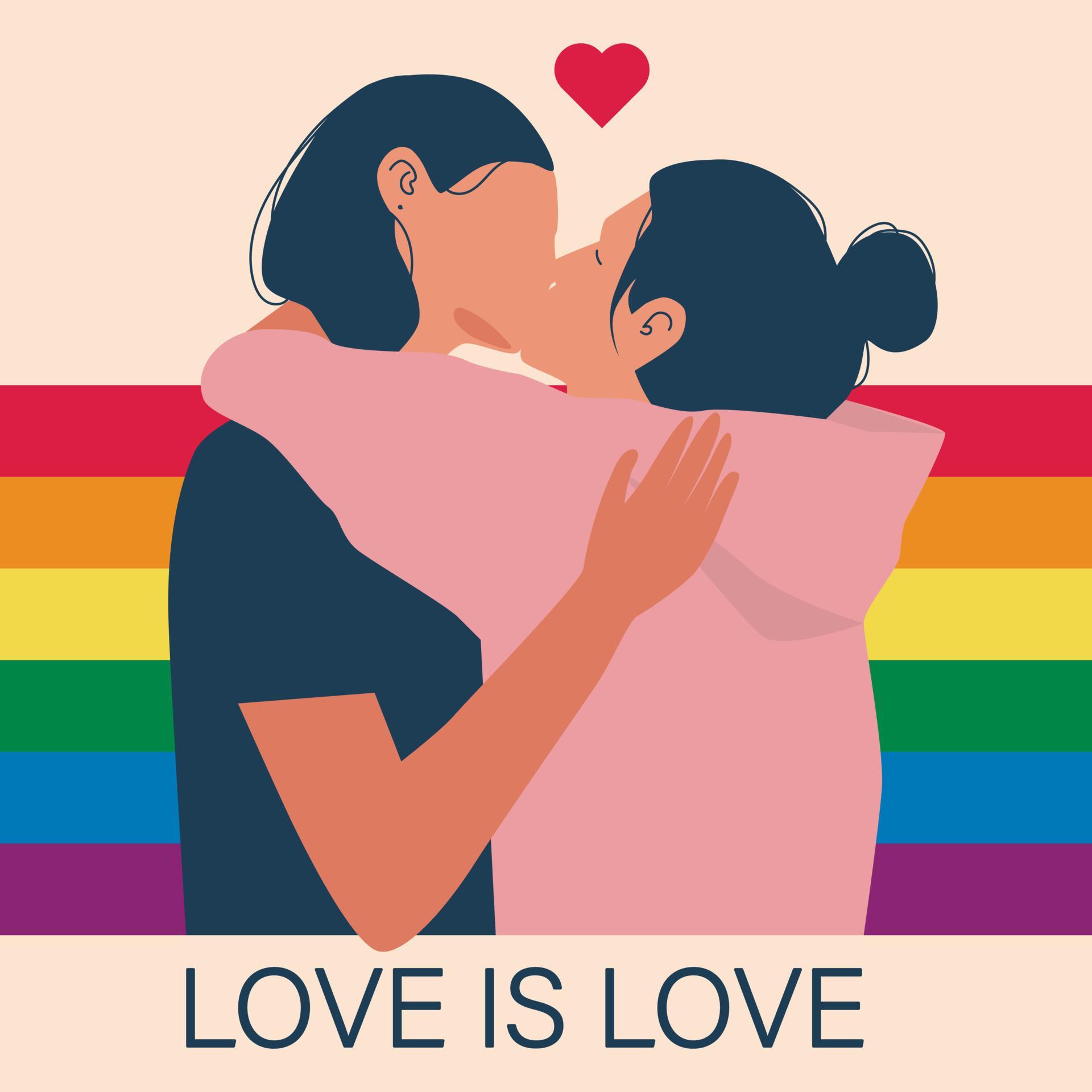 Lesbian Couple Kissing And Hugging Rainbow Flag Love Is Love 7852115