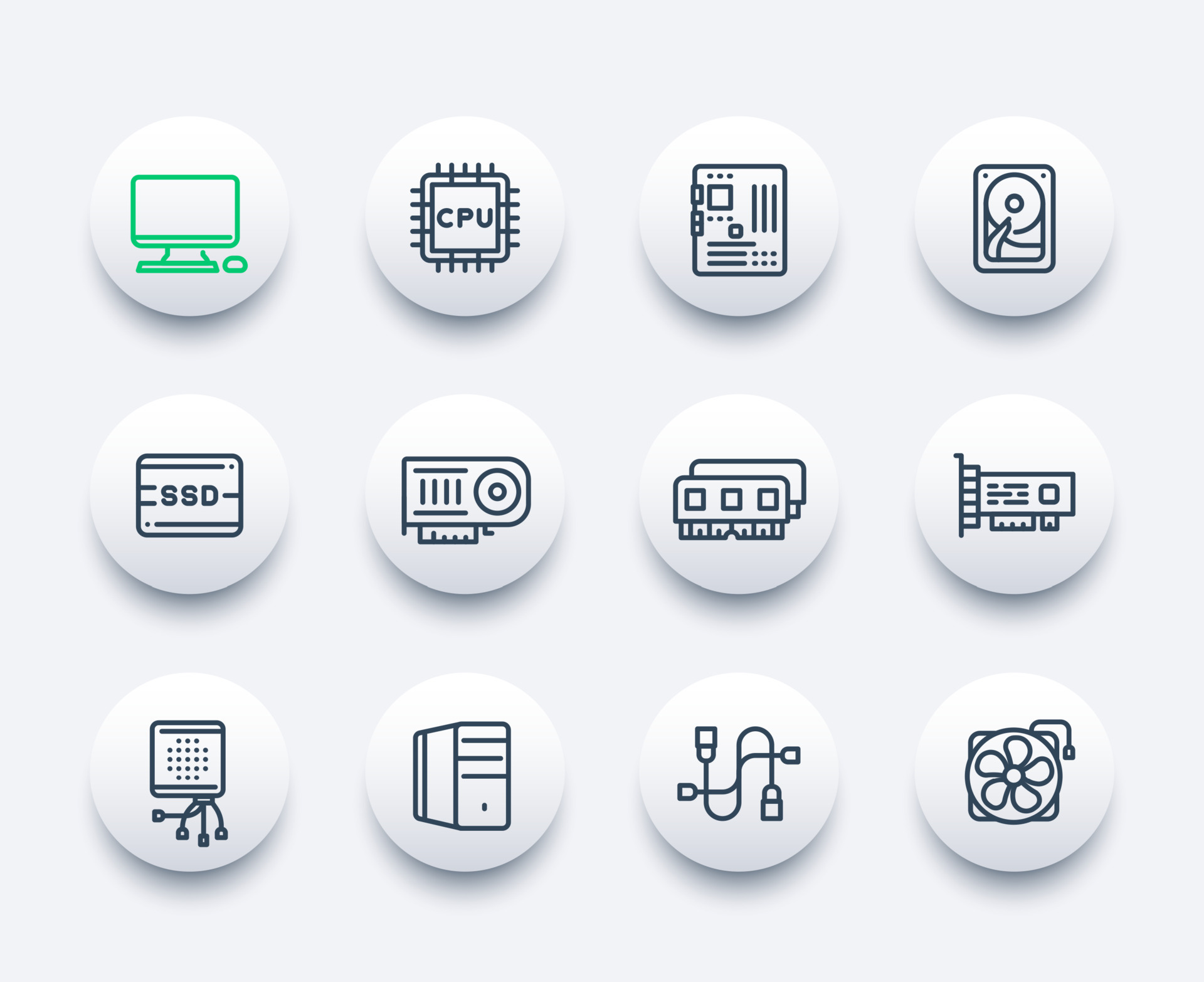 computer components icons, motherboard, CPU, RAM, video card, HDD, SSD ... computer components icons, motherboard, CPU, RAM, video card, HDD, SSD ...