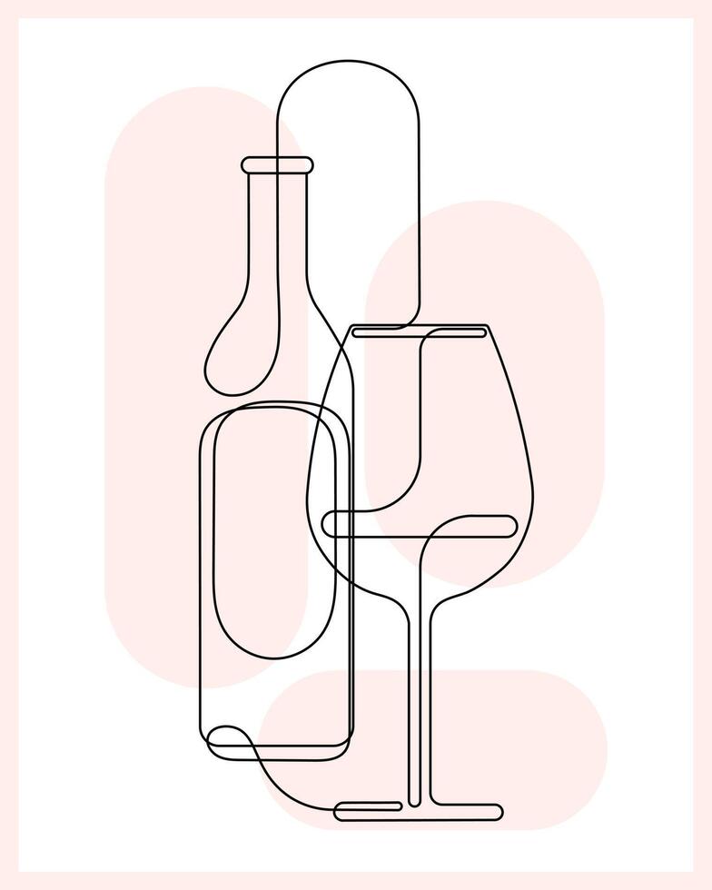Illustration Bottle And Glass Of Wine With Abstract Stains Line Art One Line Drawing Sketch