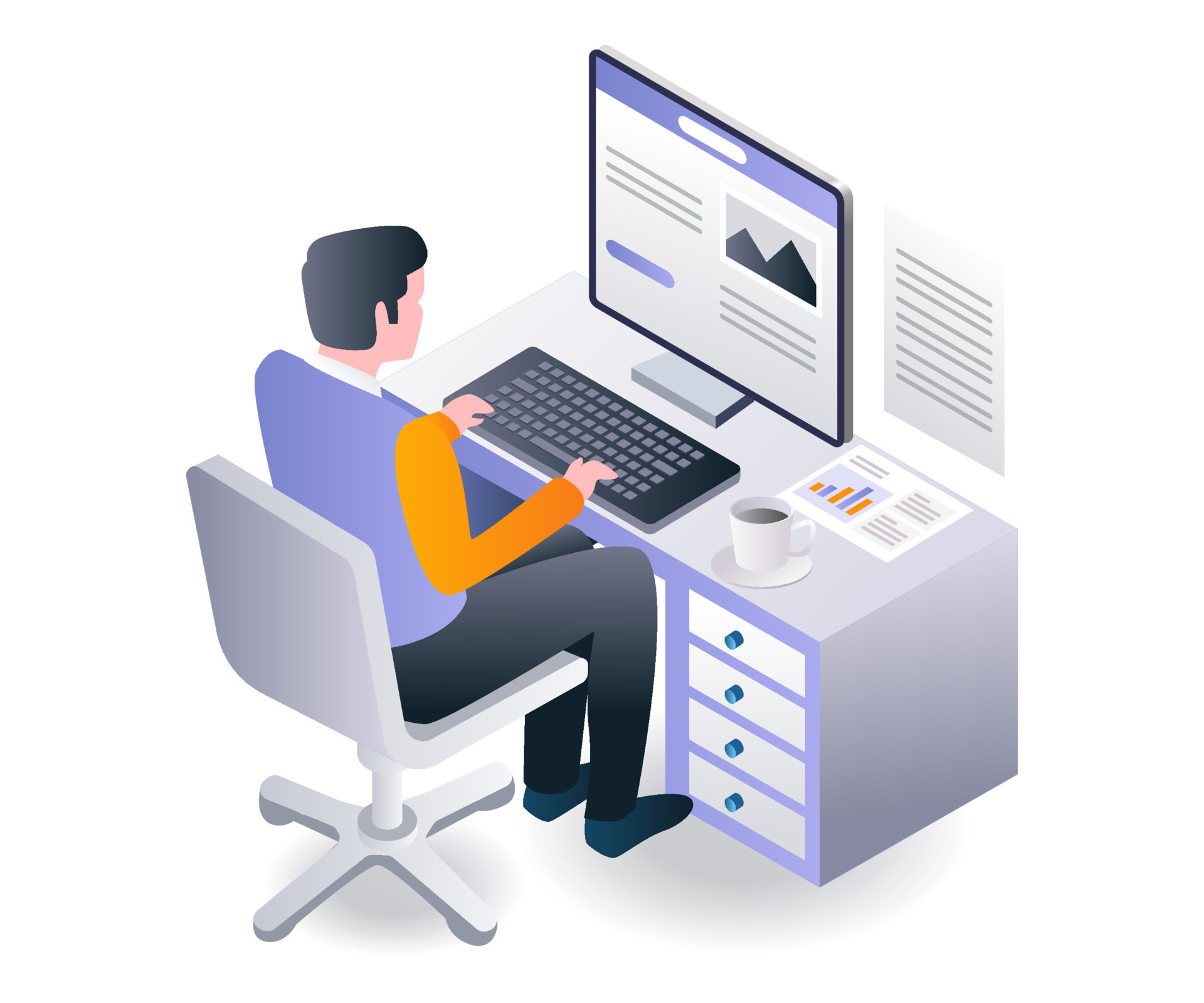 Flat isometric illustration concept. man working on computer 7885644 ...