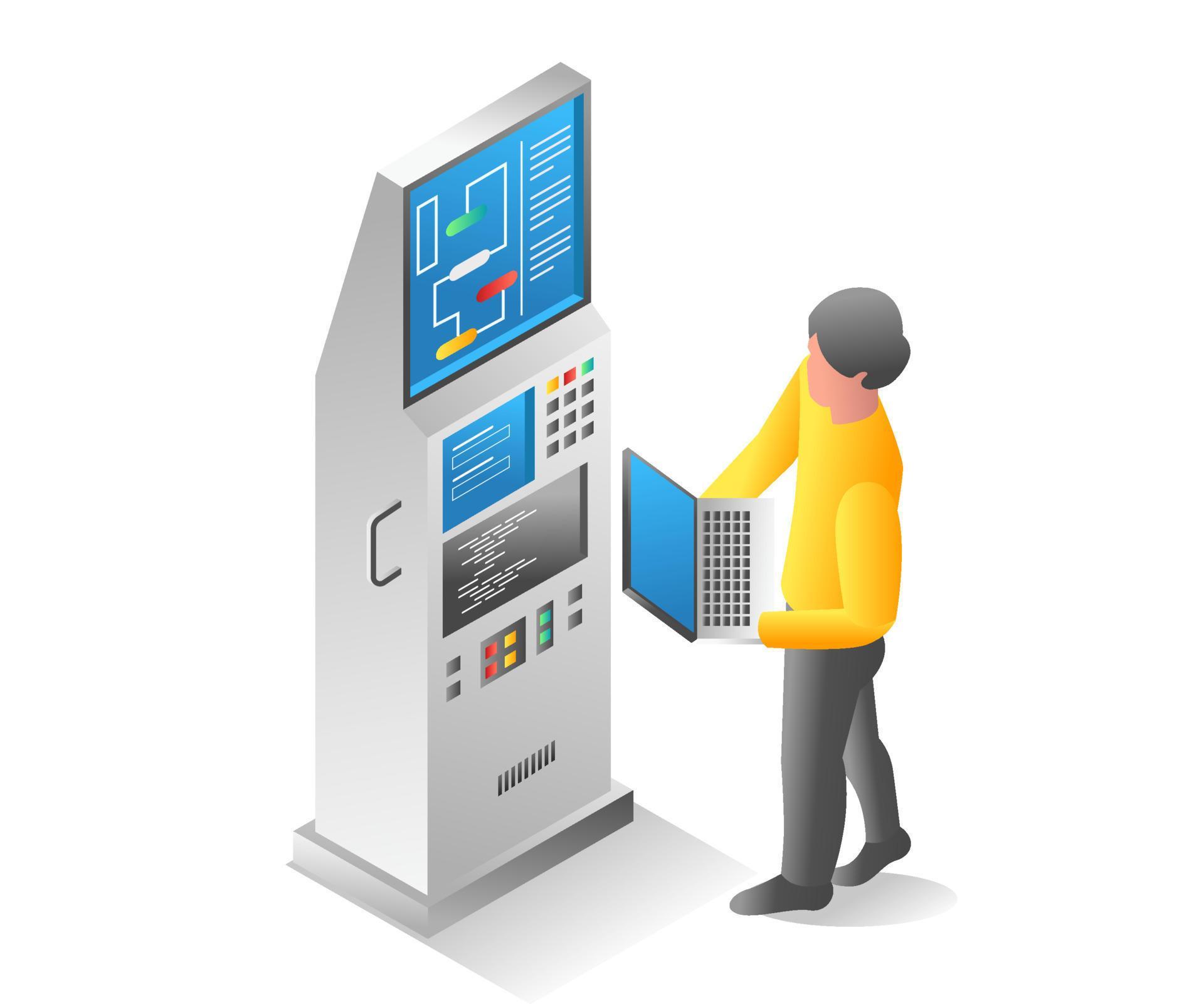 Flat isometric illustration concept. operator controlling cnc machine with program language ...