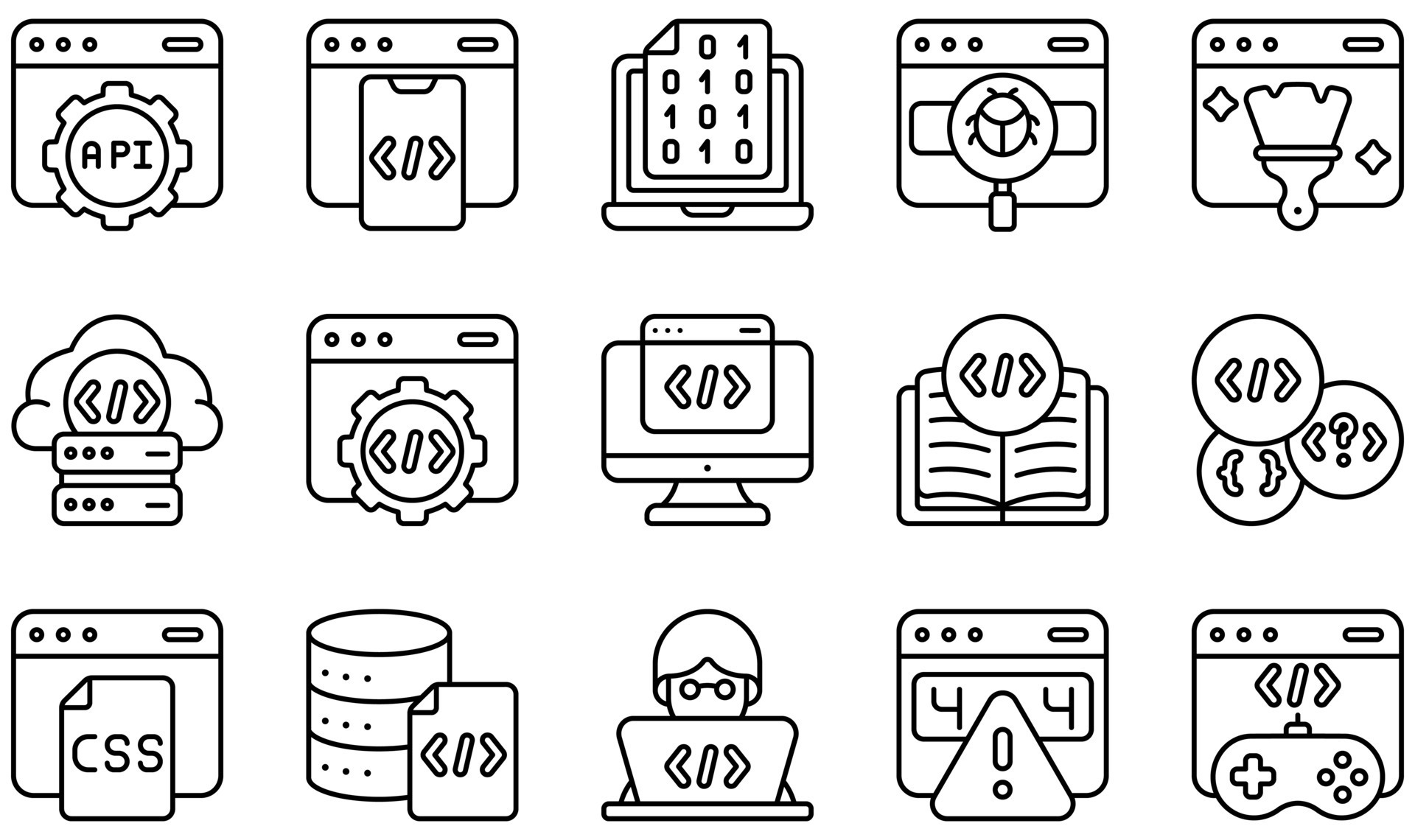 Set of Vector Icons Related to Coding. Contains such Icons as Api, Bug ...