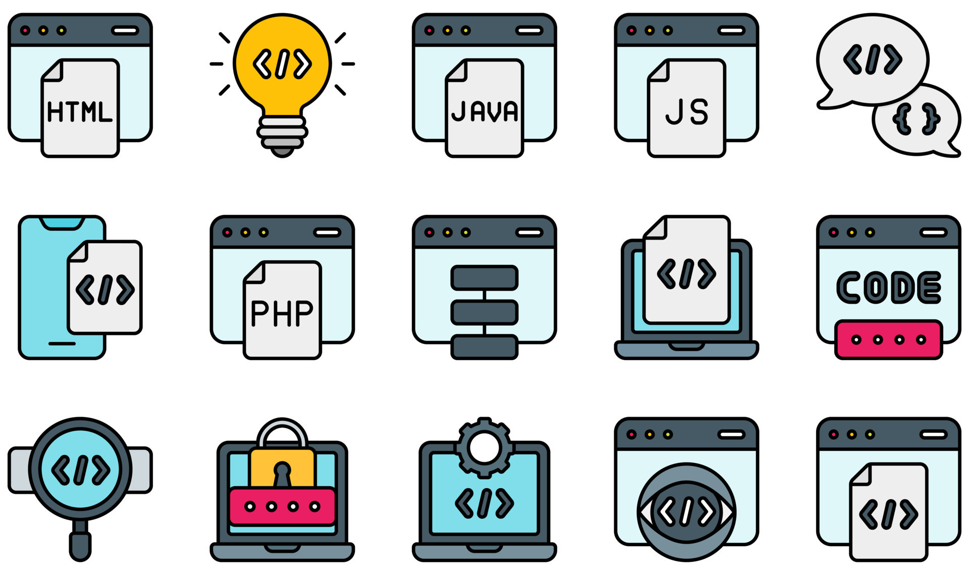 Set Of Vector Icons Related To Coding Contains Such Icons As Html Idea Java Javascript Php