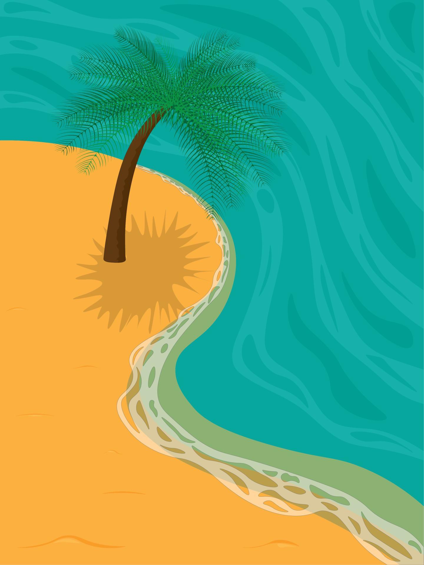 Tropical landscape, palm tree on sandy beach over the sea vector ...