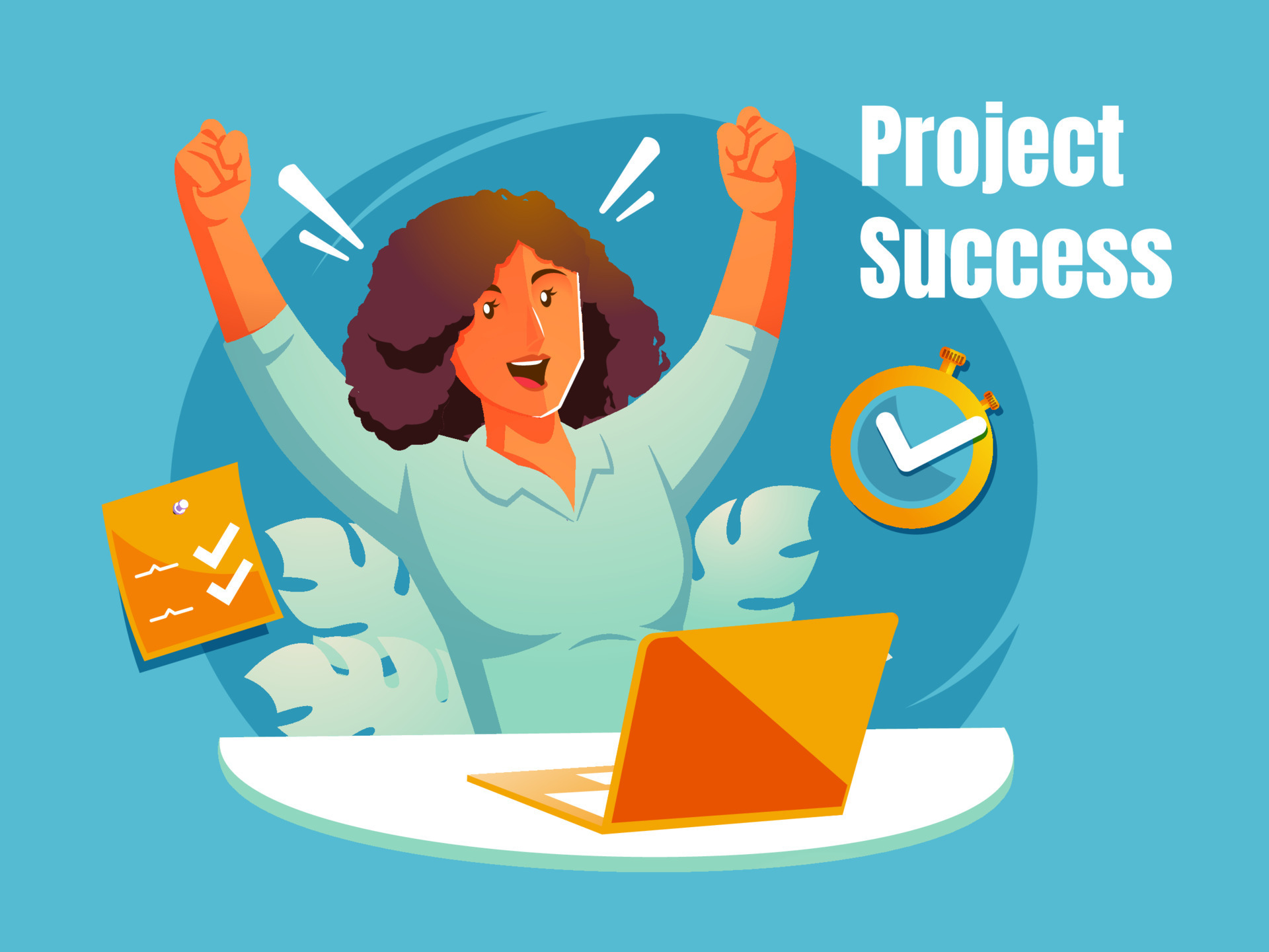 Happy woman completing task with hands raised at her workplace, Job ... Happy woman completing task with hands raised at her workplace, Job ...