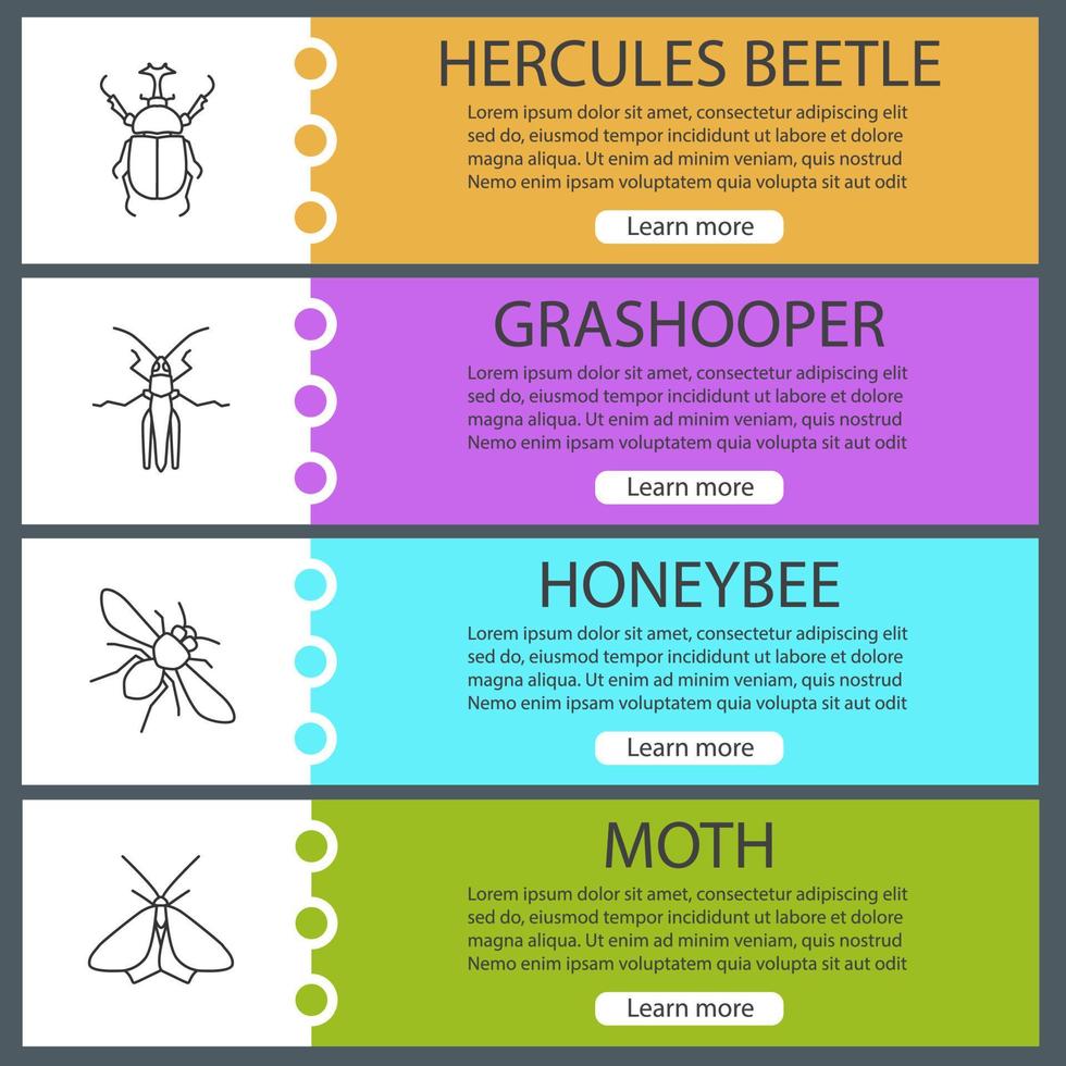 Insects web banner templates set. Hercules beetle, grasshopper ...