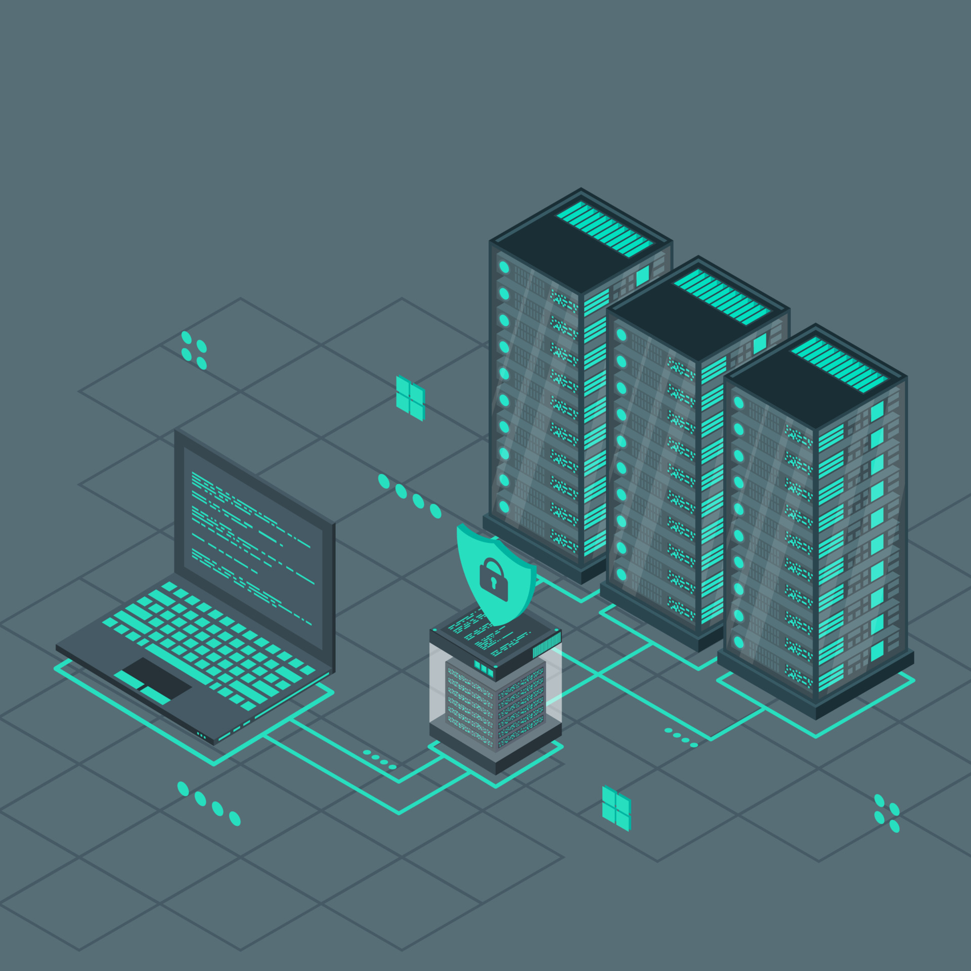 Technology isometric design for quantum computer. Blockchain server concept. Server room ...