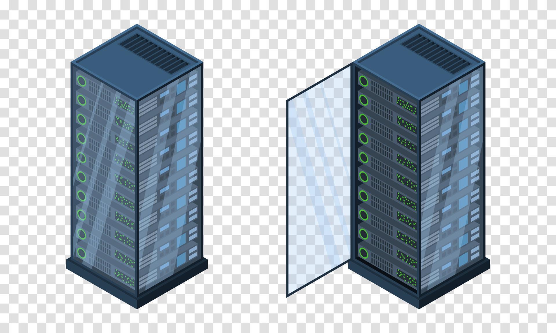 Isometric servers. Data storages. 3D computer equipment. Storage database. Equipment server ...