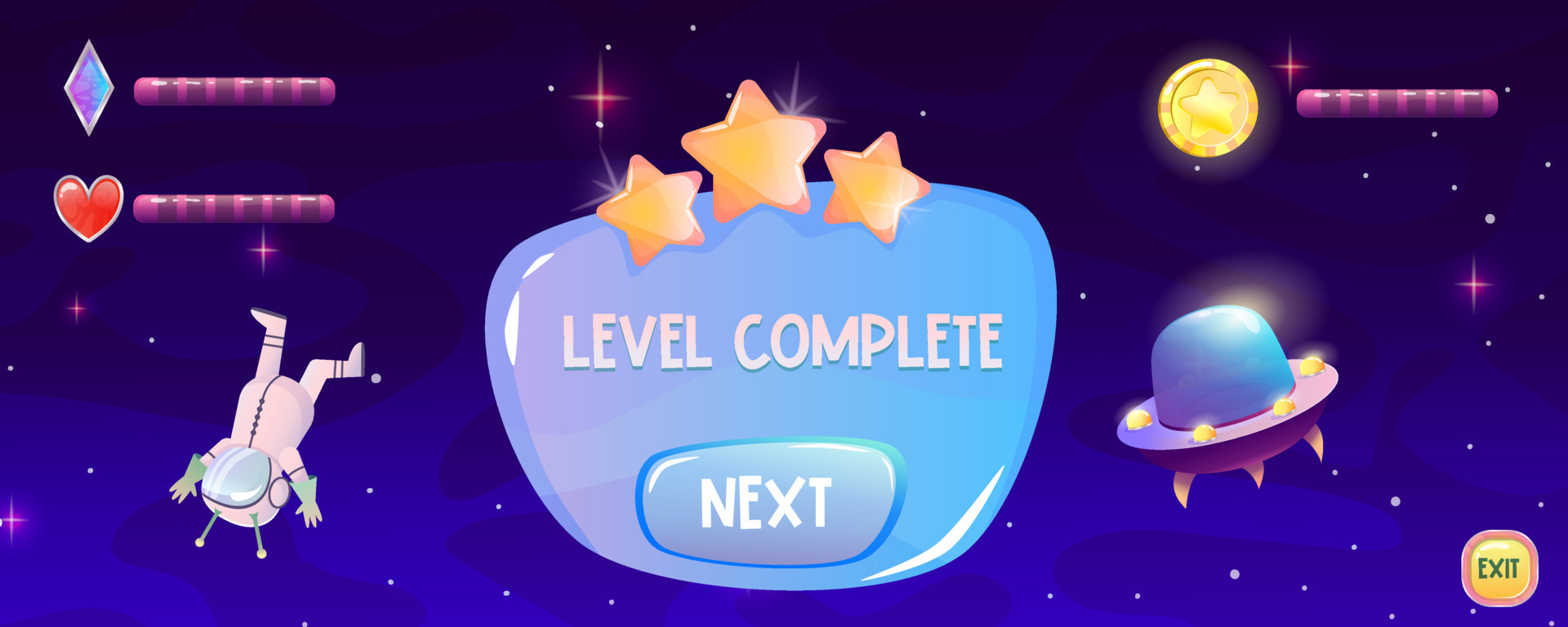 Space Game Ui Screen With Buttons Alien And Level Complete Screen With Planet Indicators Of