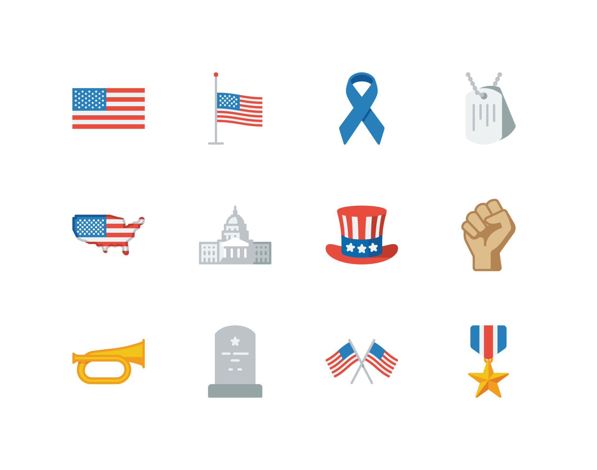 Memorial day and veterans day flat icon set with flag and military ...
