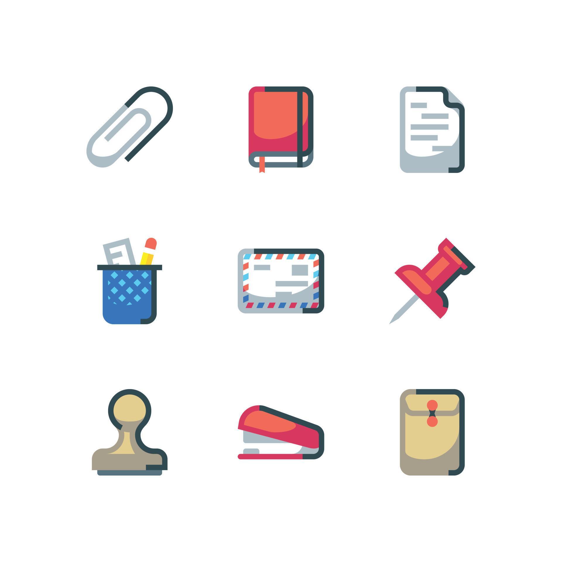 Office stationery and document icon set with mail and book vector icons ...