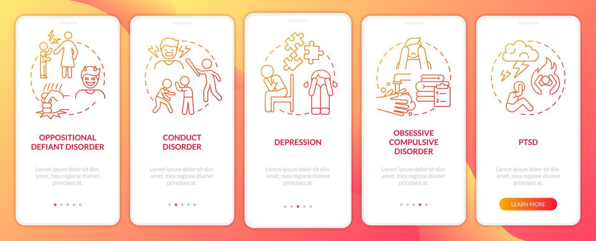 Mental illnesses in children red gradient onboarding mobile app screen. Walkthrough 5 steps ...