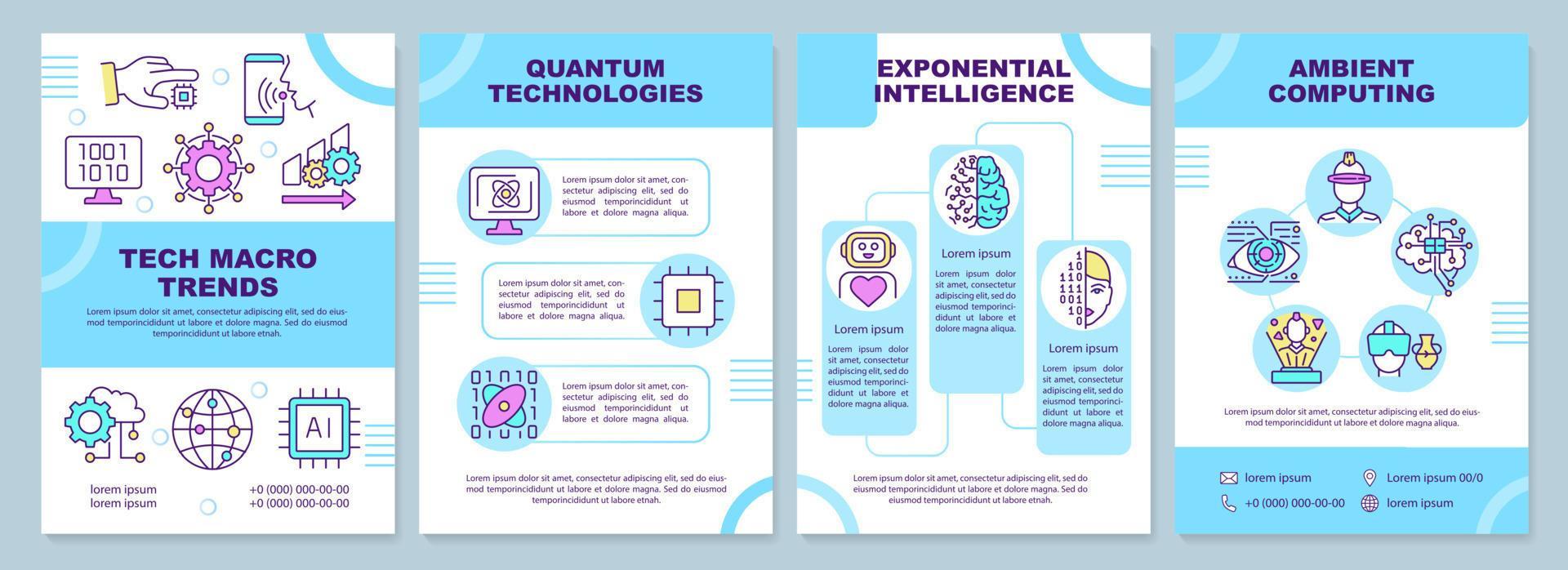 Technology trends blue brochure template. Tech development. Leaflet design with linear icons. 4 ...