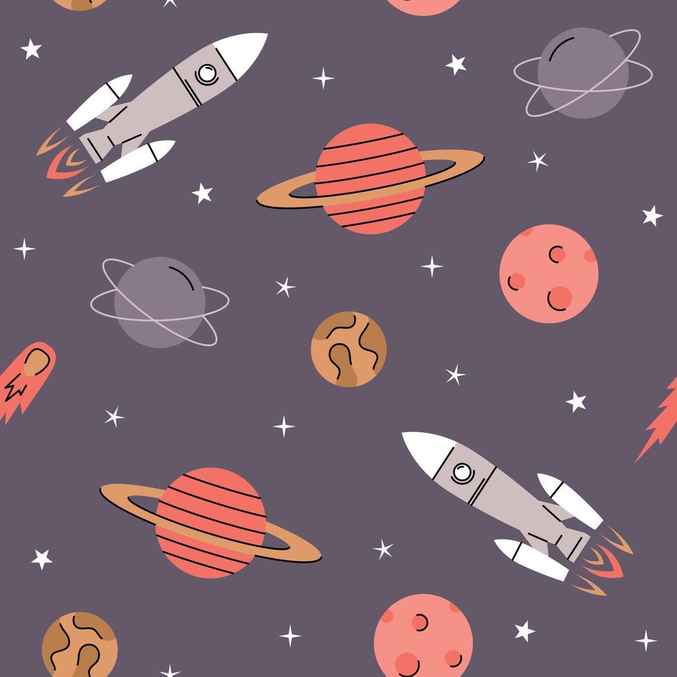 Space elements seamless pattern with rockets, planets, stars and comet ...