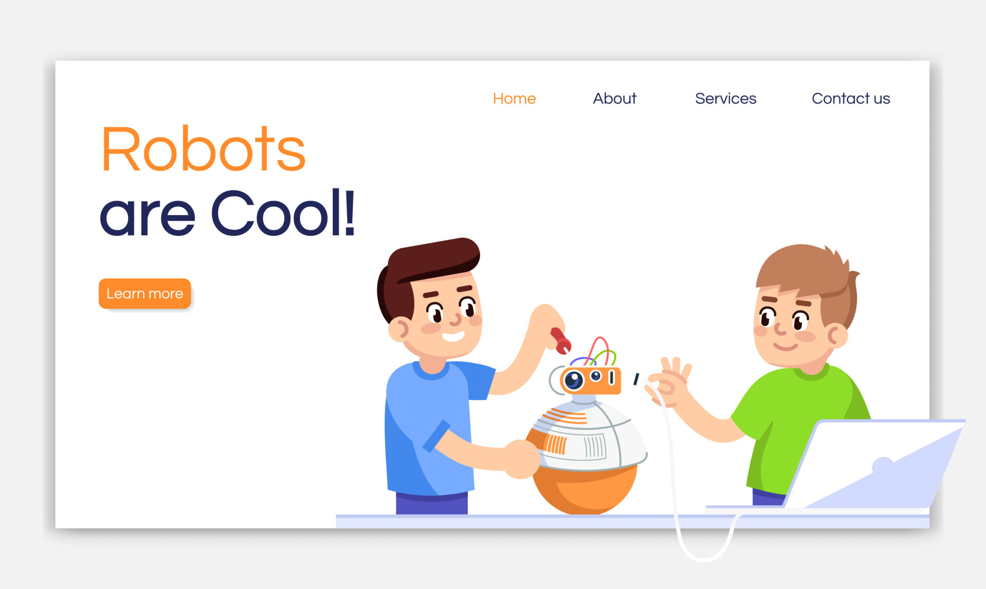 Robots are cool landing page vector template. Robotics courses for kids ...