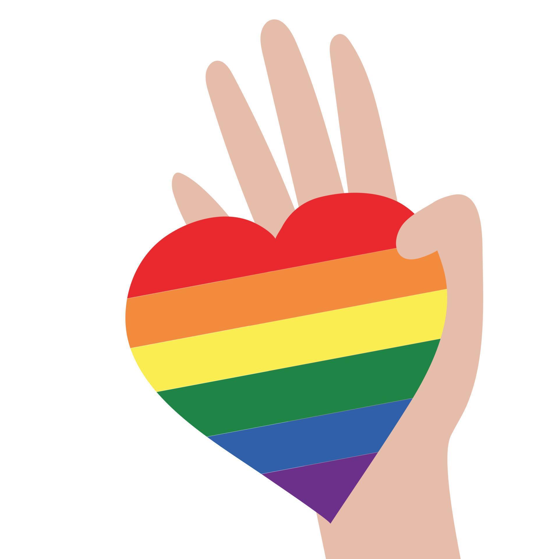 Vector illustration of the LGBT community. Hand holding a rainbow heart ...