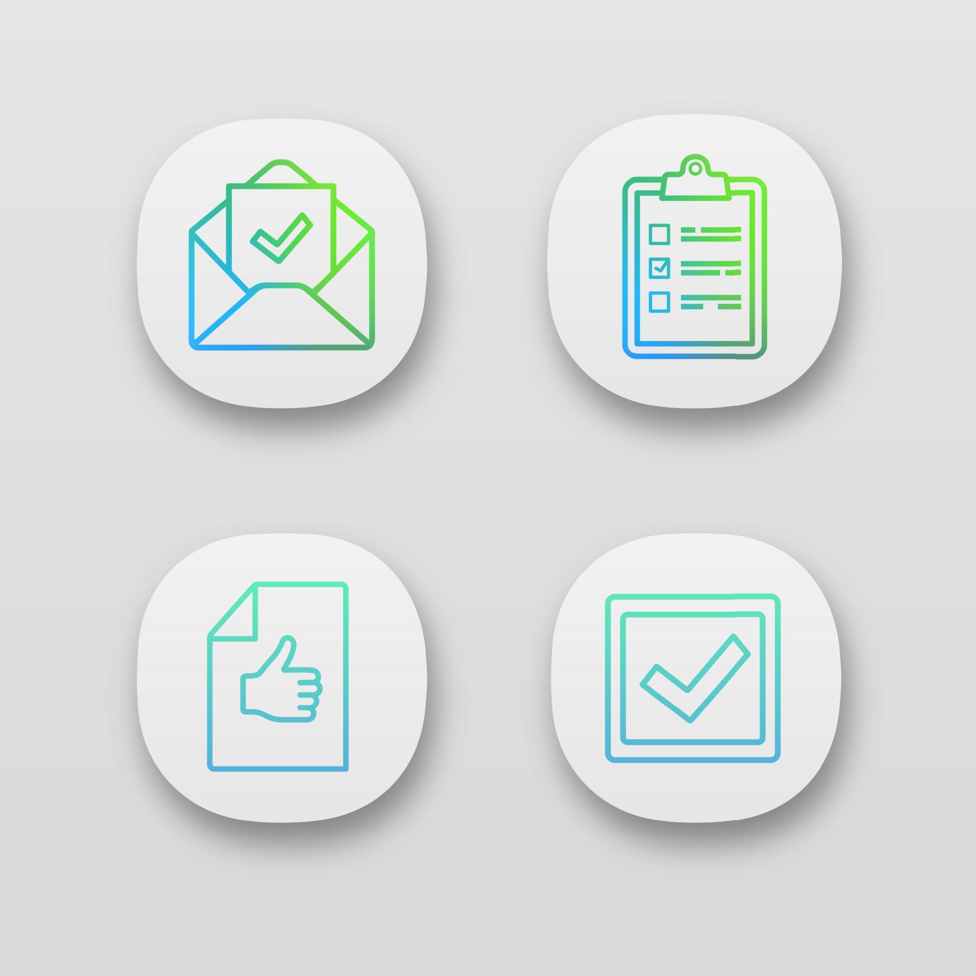 Approve app icons set. Verification and validation. Task planning, email confirmation, checkbox ...