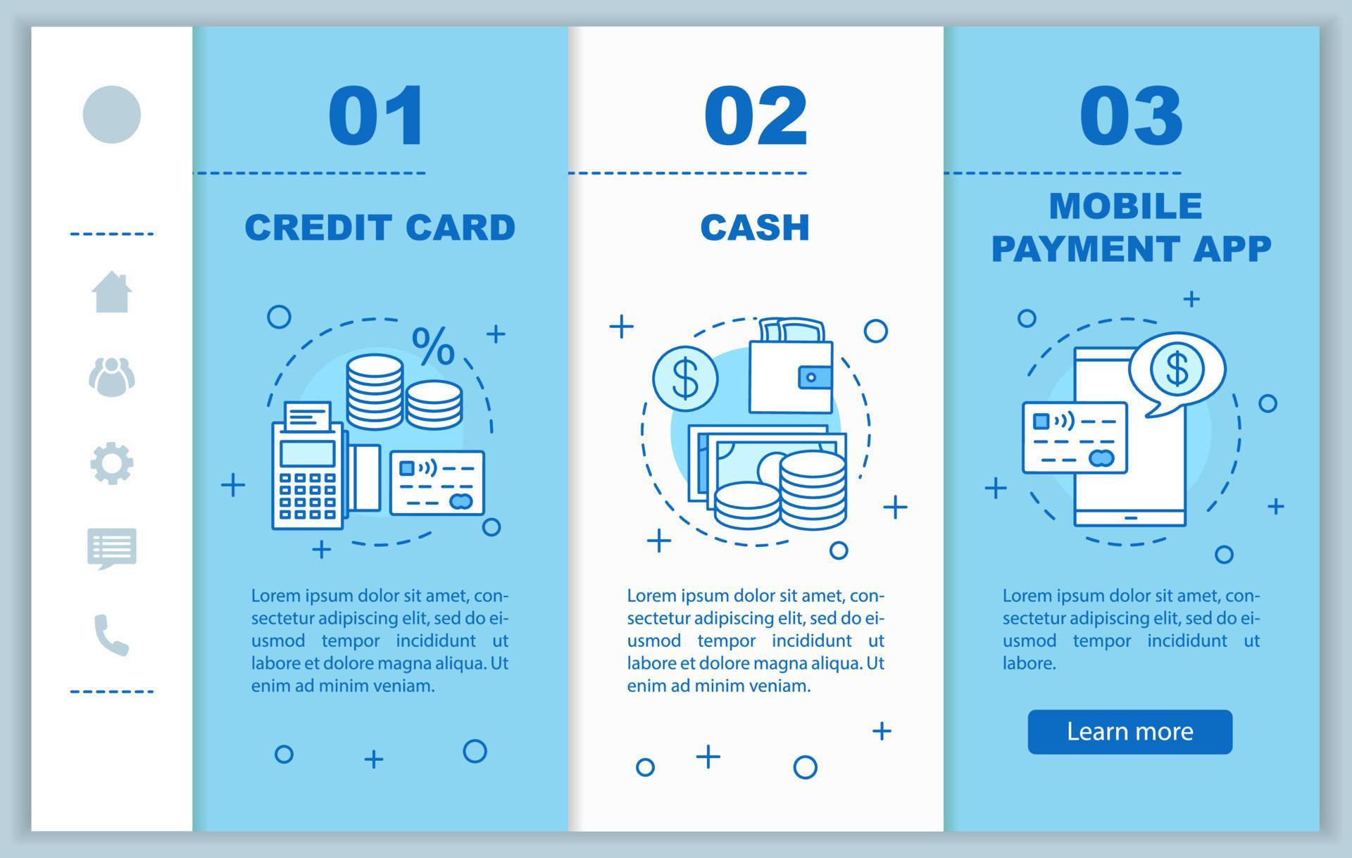 Banking onboarding mobile web pages vector template. Financial services. Credit card, cash ...