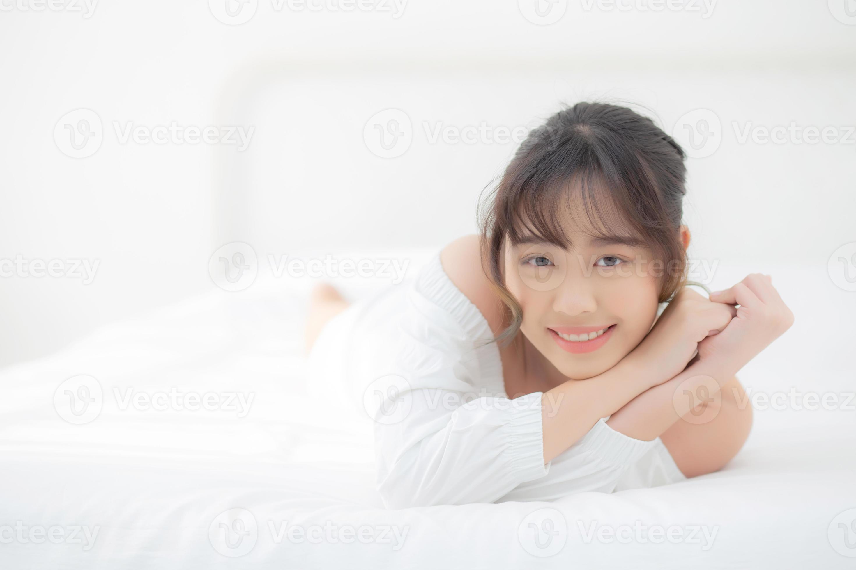 Beautiful Portrait Young Asian Woman Lying And Smile While Wake Up With