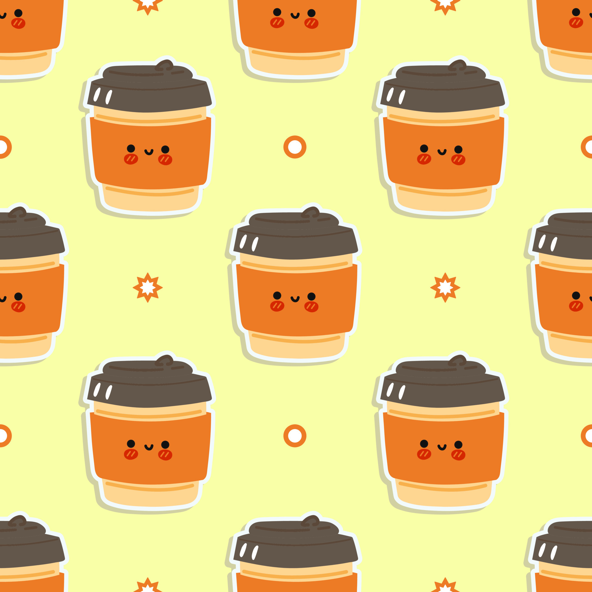 Funny cute happy coffee paper cup pattern characters. Vector kawaii ...