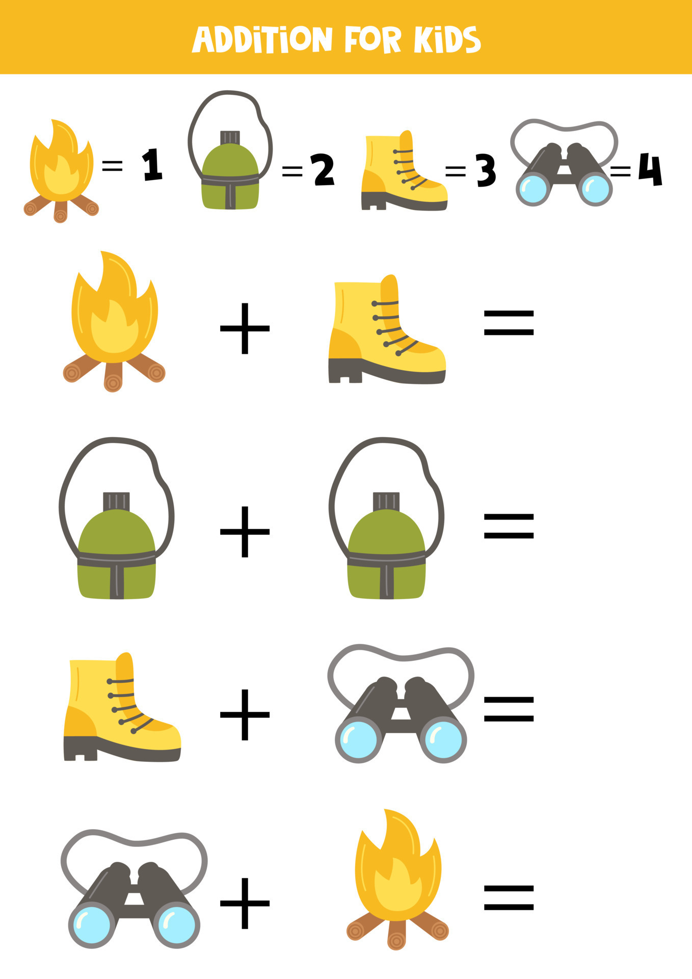 Addition for kids with camping elements. 8007710 Vector Art at Vecteezy