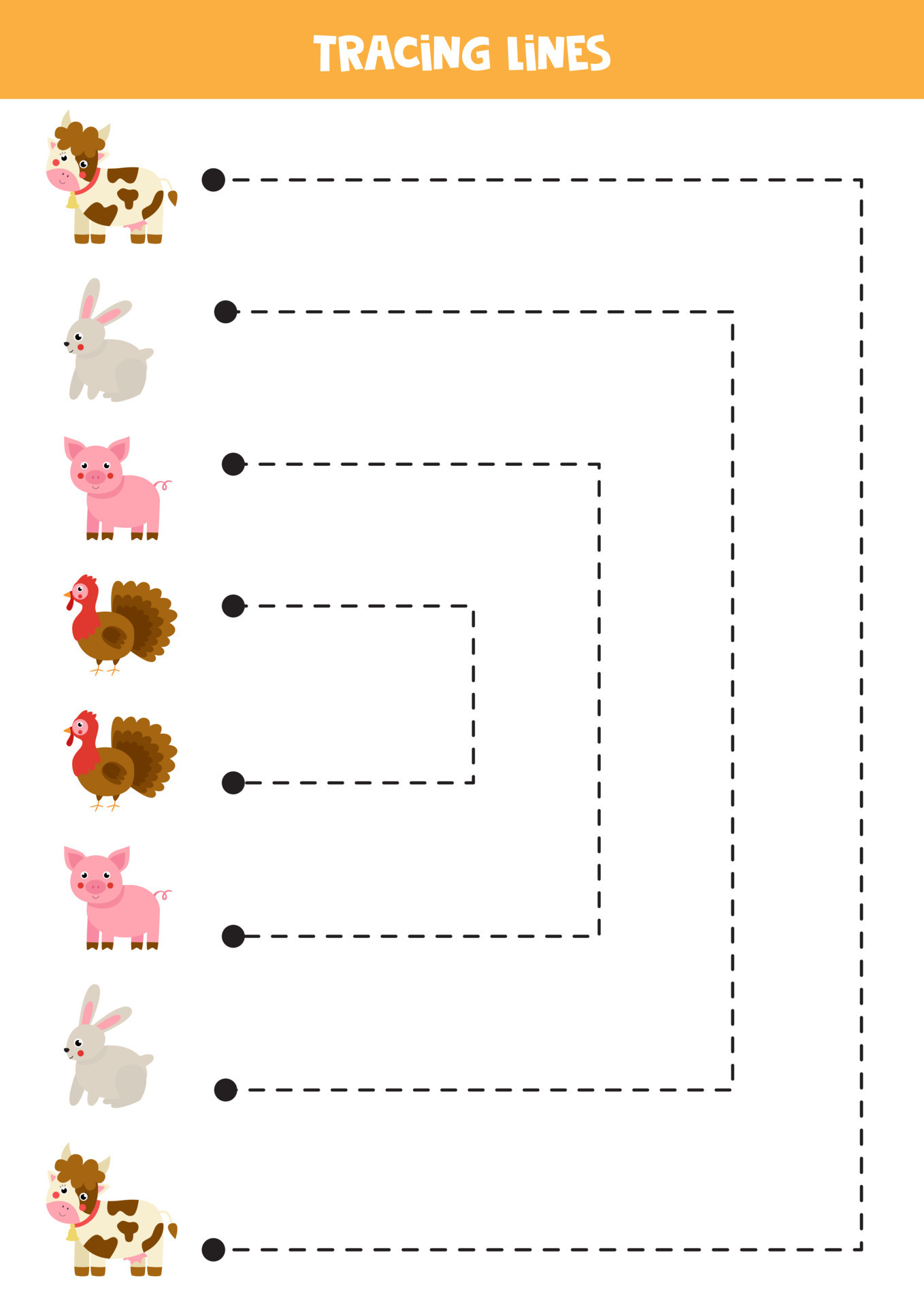 Tracing lines for kids. Cute cartoon farm animals. Writing practice ...