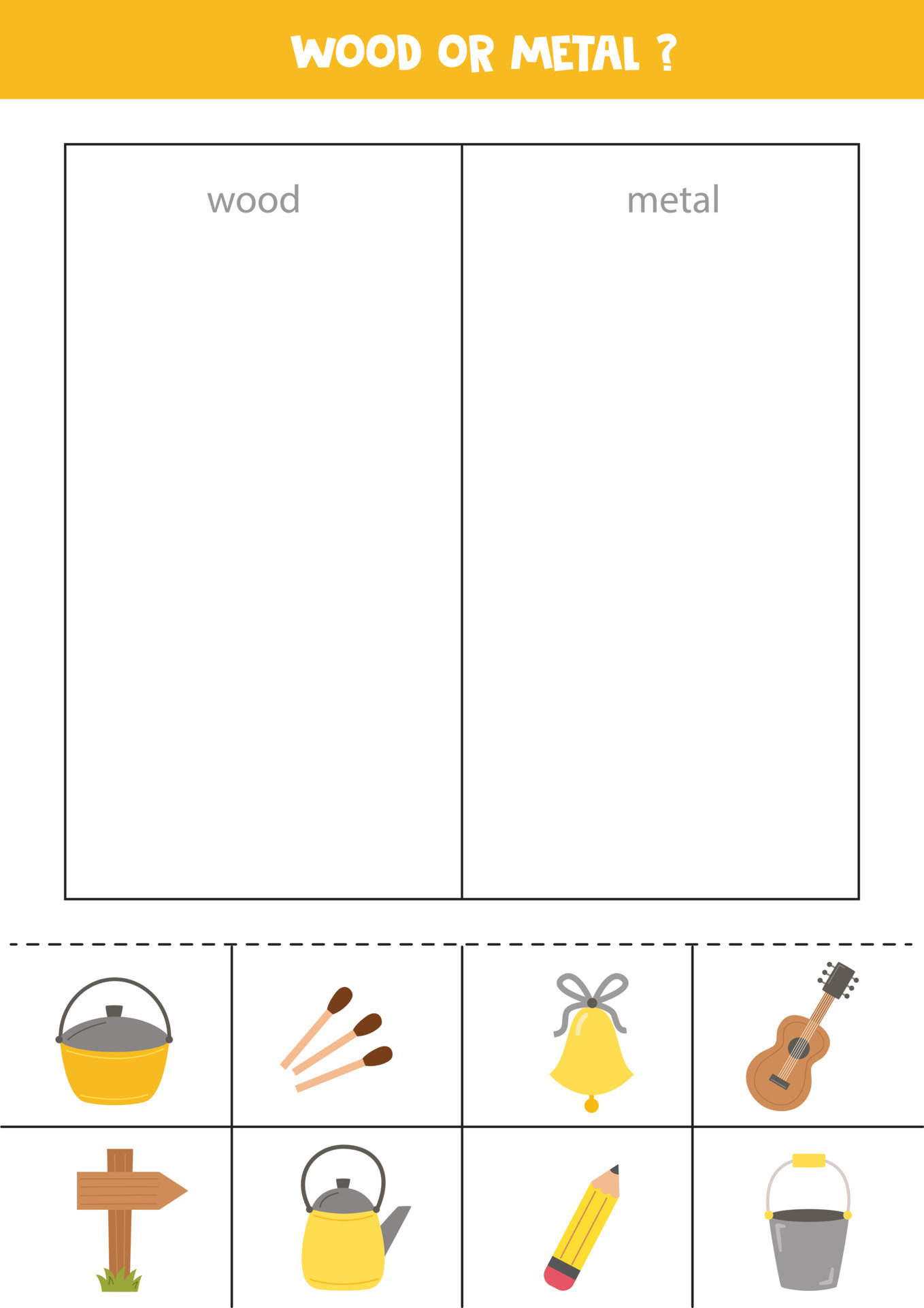 Sort Objects Into Wood Or Metal Worksheet For Kids 8007799 Vector Art sort-objects-into-wood-or-metal-worksheet-for-kids-8007799-vector-art